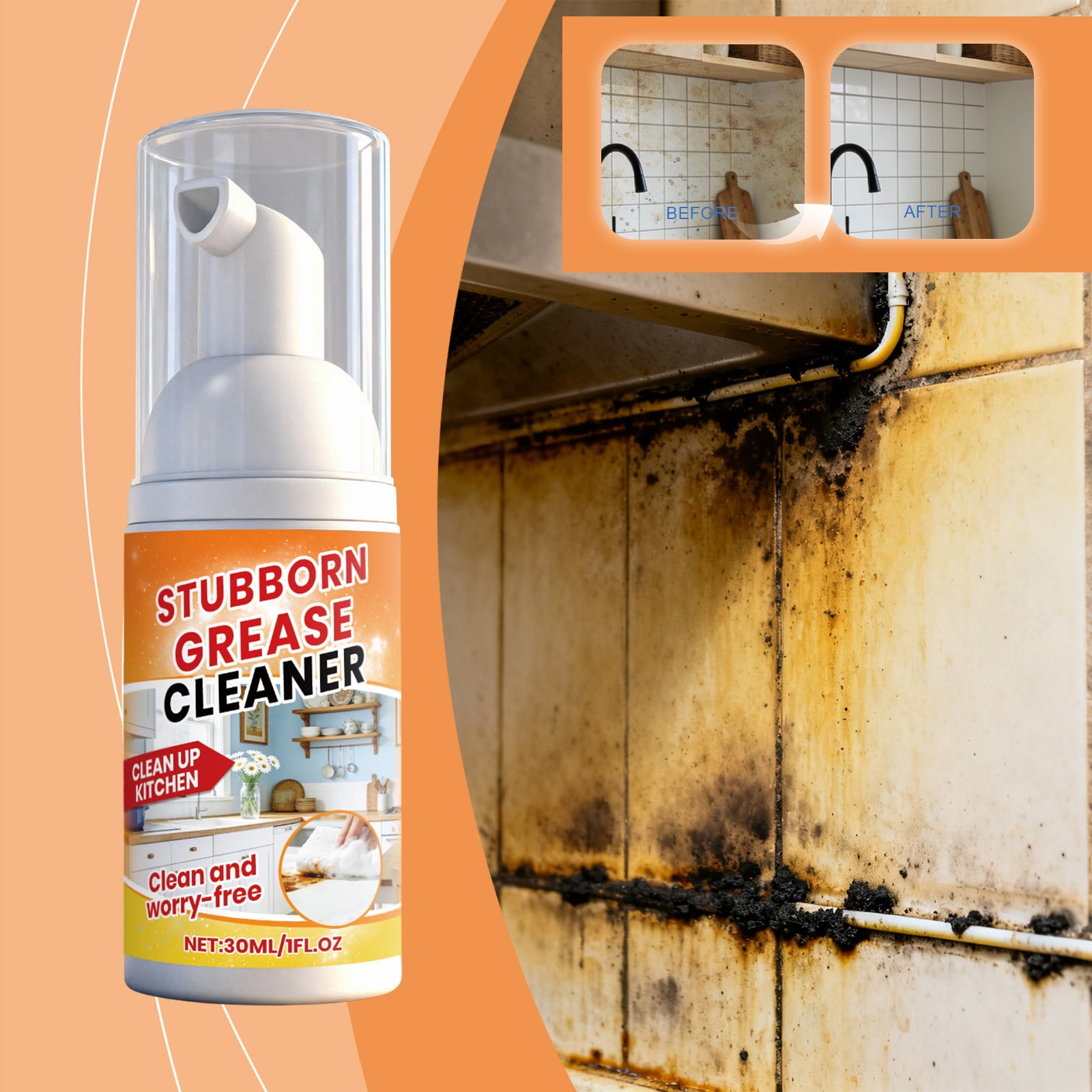 Kitchen Grease Foam Cleaner,Degreaser Spray Heavy Duty Stain Remover ...