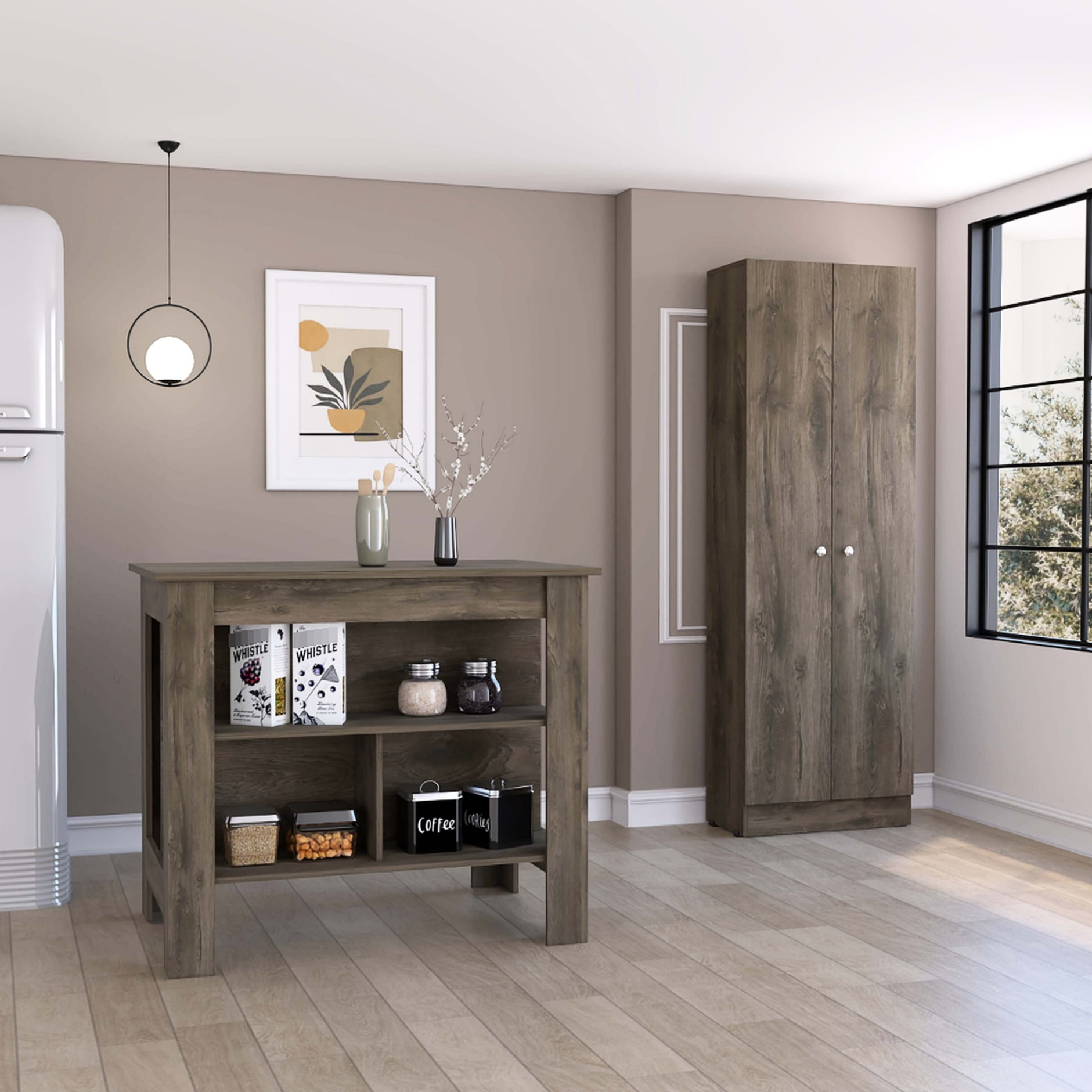 Kitchen Grouping - 8 Shelves, 2 Doors. Dark Brown And Colour. Island ...
