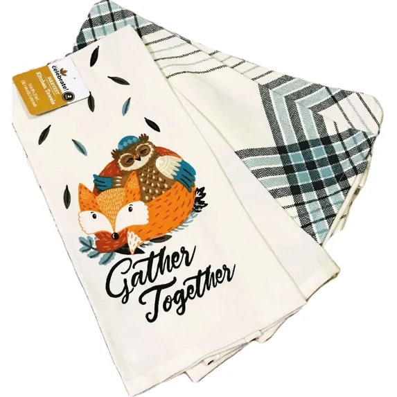 Kitchen Hand Towel Dish 2-Pc Harvest Plaid Owl Fox Cotton 25"X15 ...