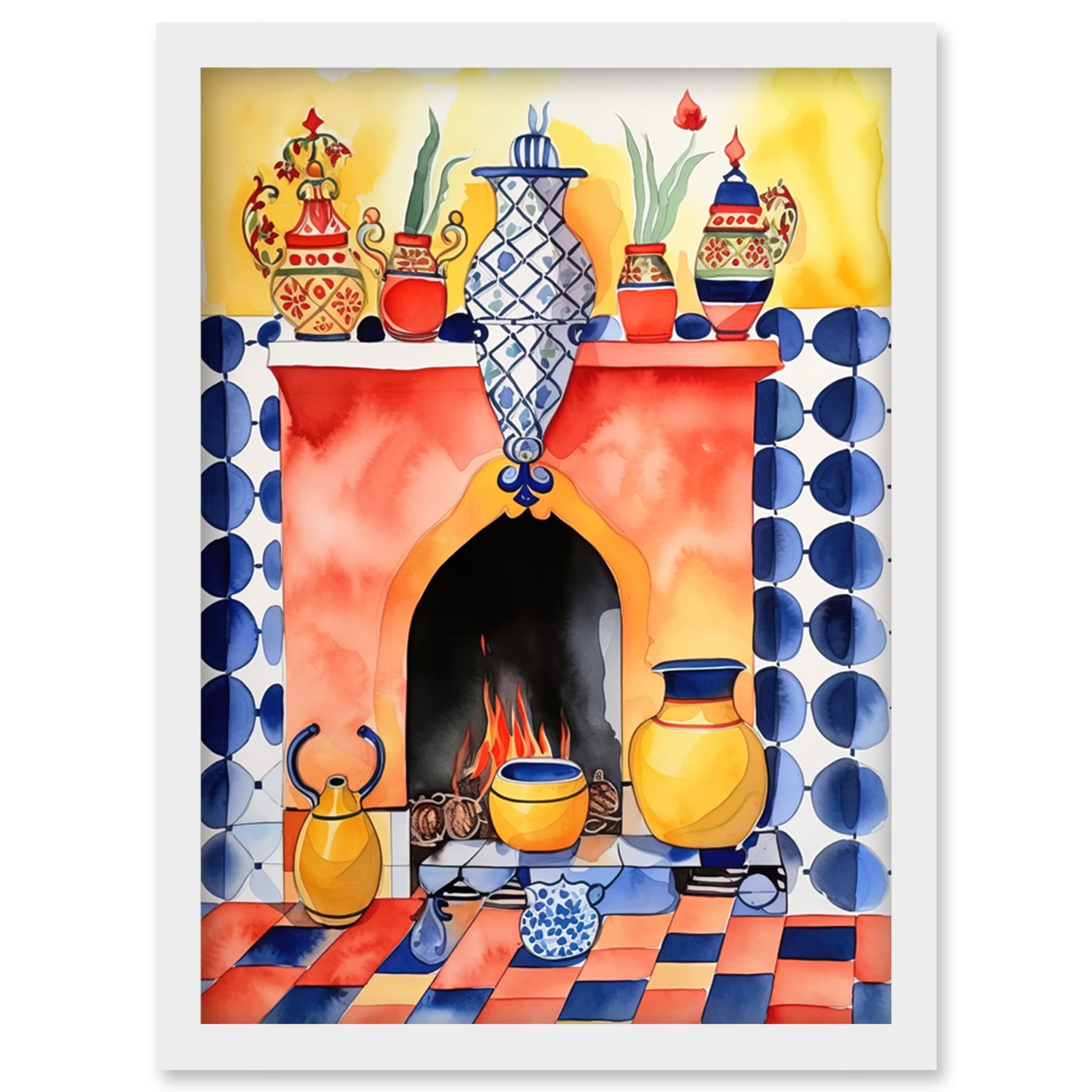 Kitchen Hearth Fireplace With Coloured Tiles Folk Art Watercolour ...