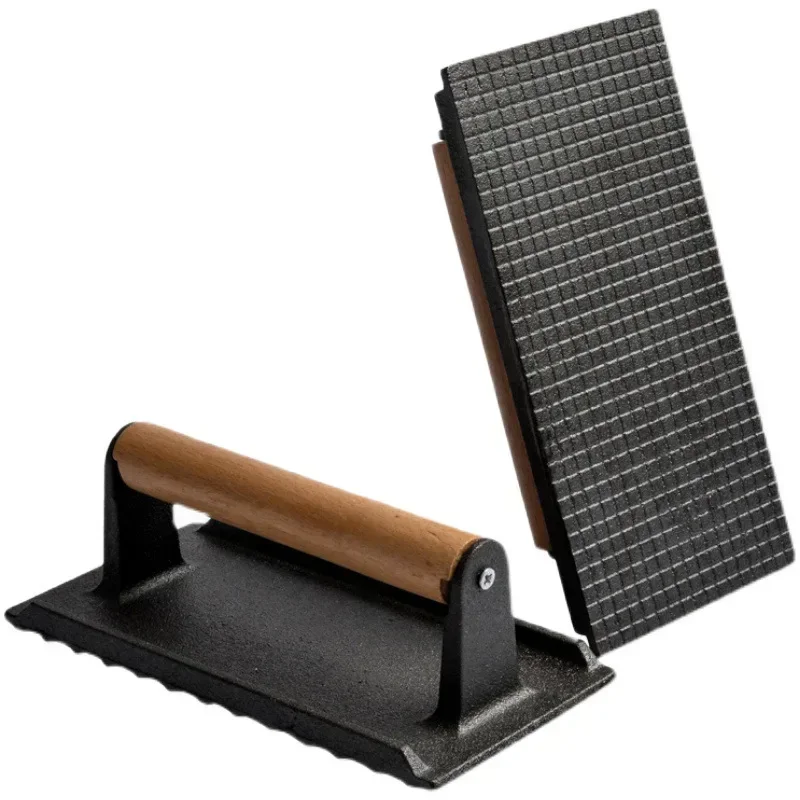 Kitchen Heavy Cast Flat Iron Steak Weight/Bacon Press with Wooden ...