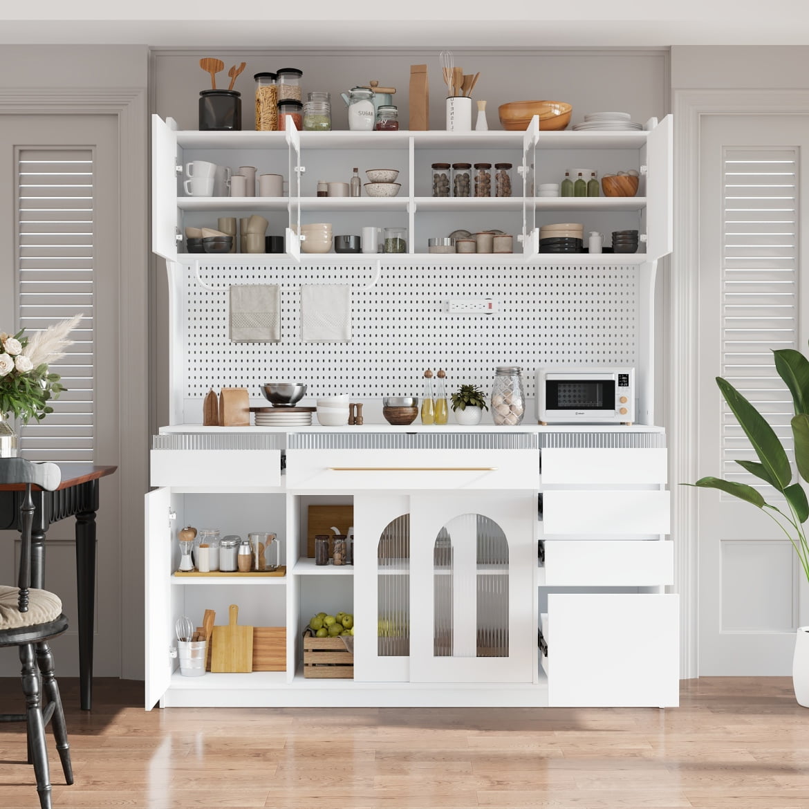 Kitchen Hutch Storage Cabinet with Power Outlets, Freestanding Pantry ...