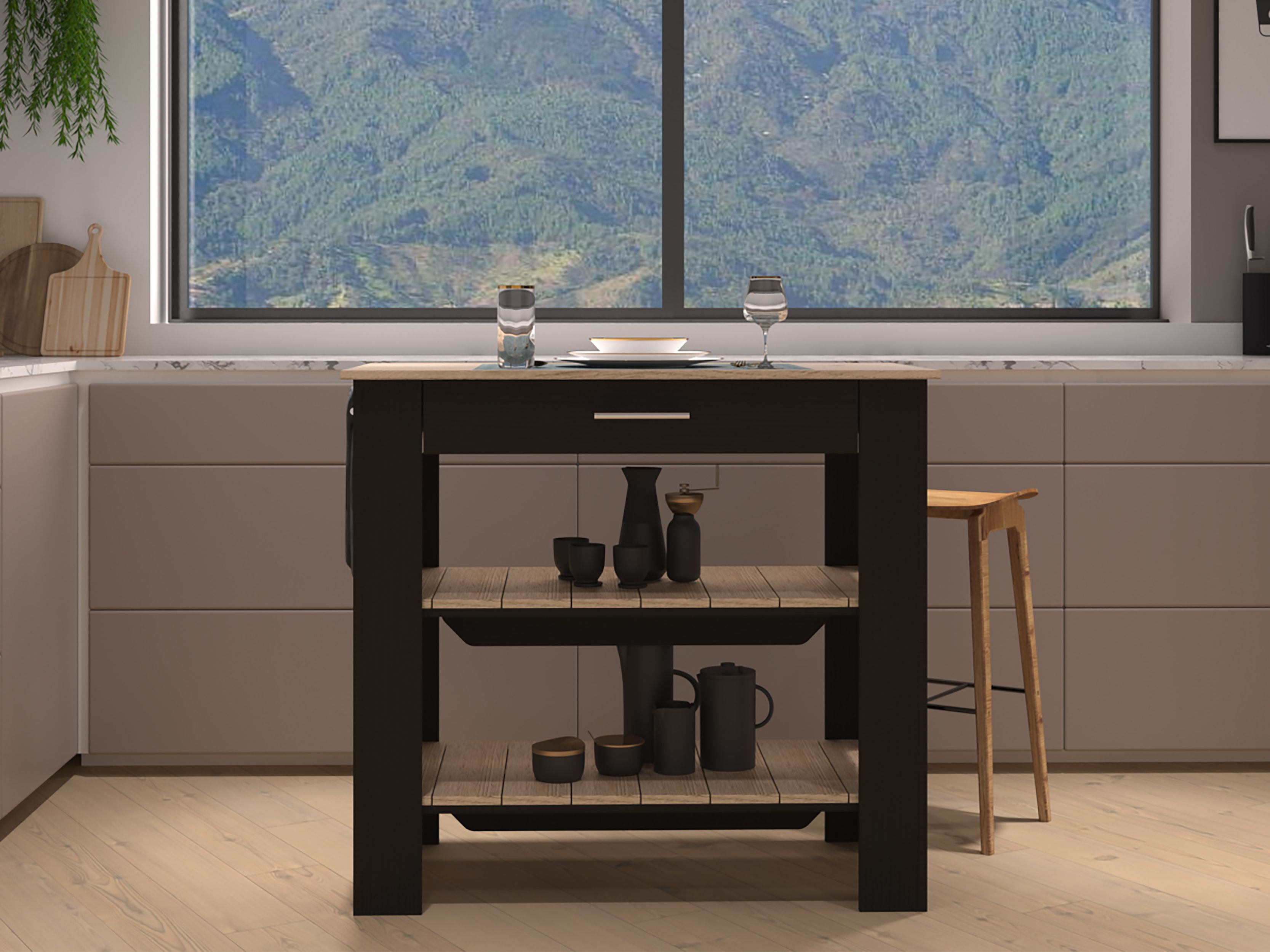 Kitchen Island 37" H, Two Open Storage Shelves, One Drawer, Four Legs ...