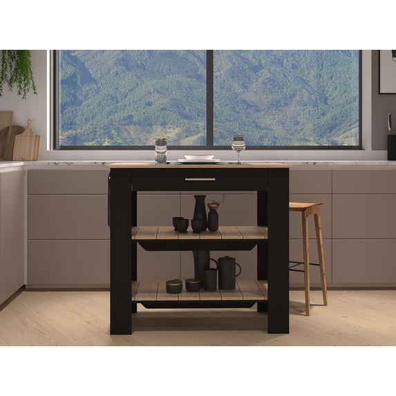 Kitchen Island 37" H, Two Open Storage Shelves, One Drawer, Four Legs ...
