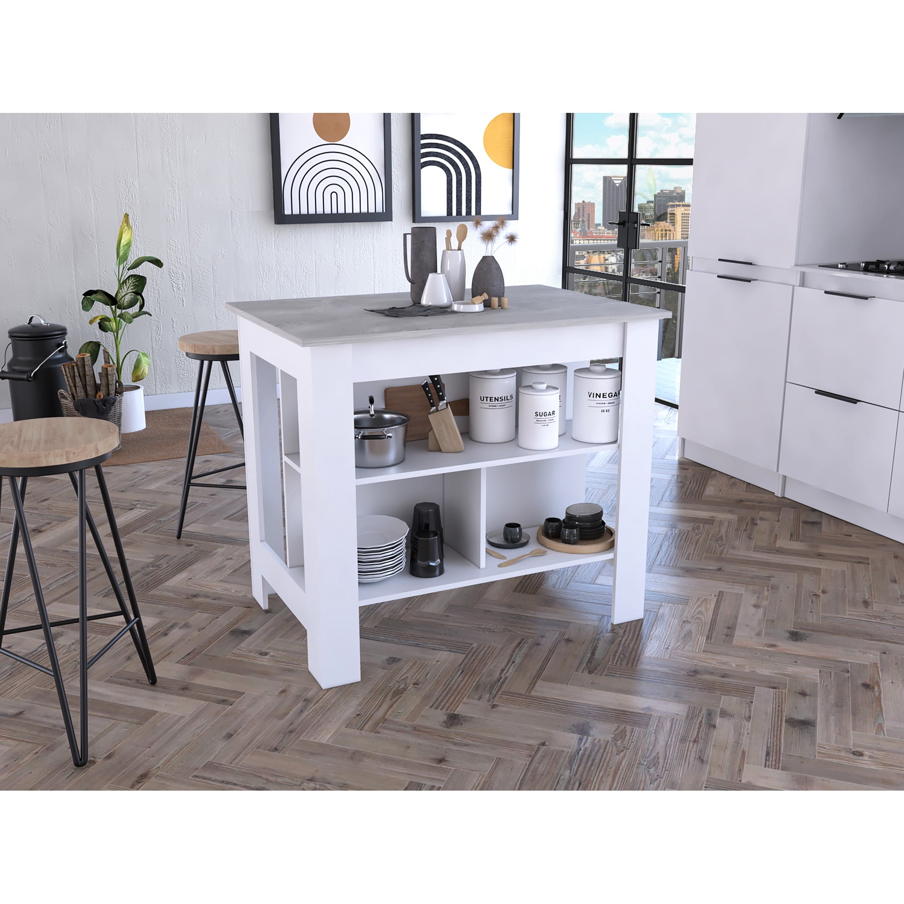 Kitchen Island With 4 Legs And Versatile Storage - White/ Marble ...