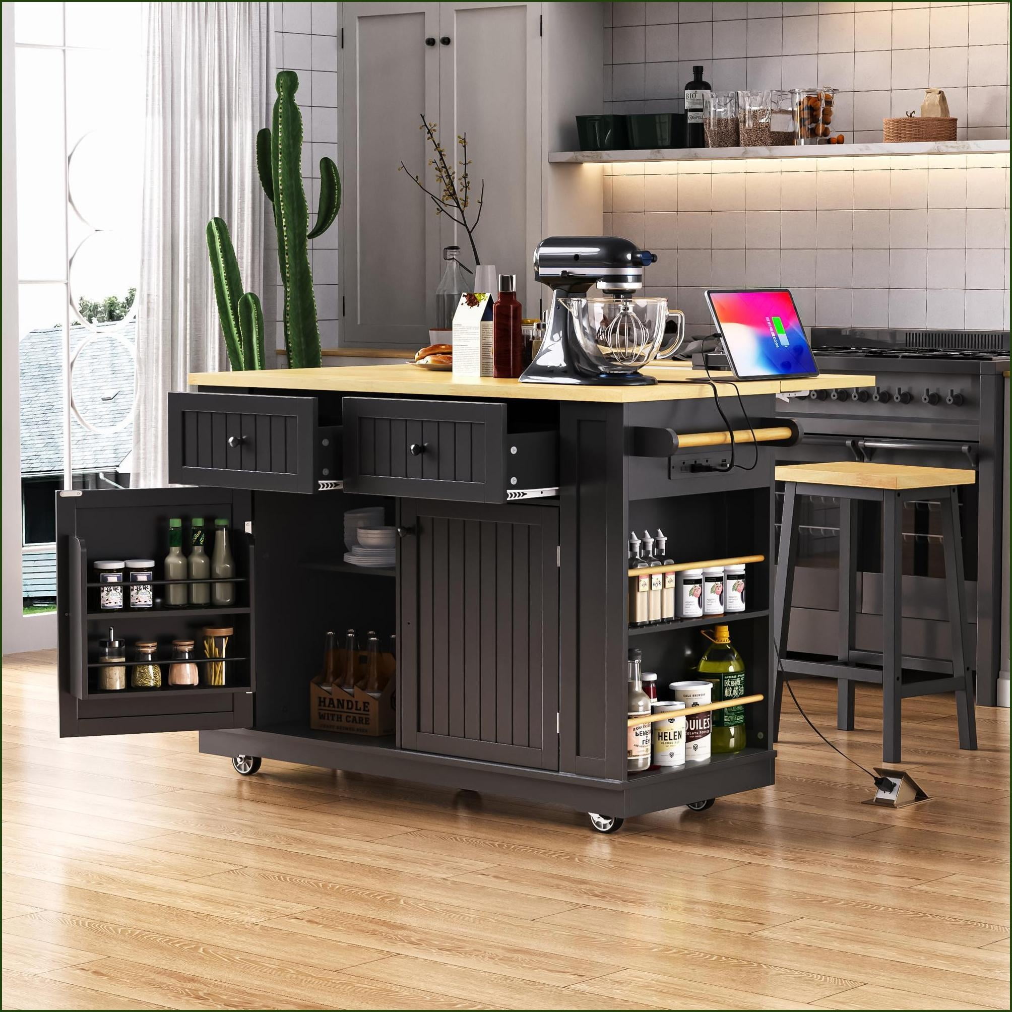 Kitchen Island 48 Inch with Drop Leaf, Power Outlet, Rolling Storage ...