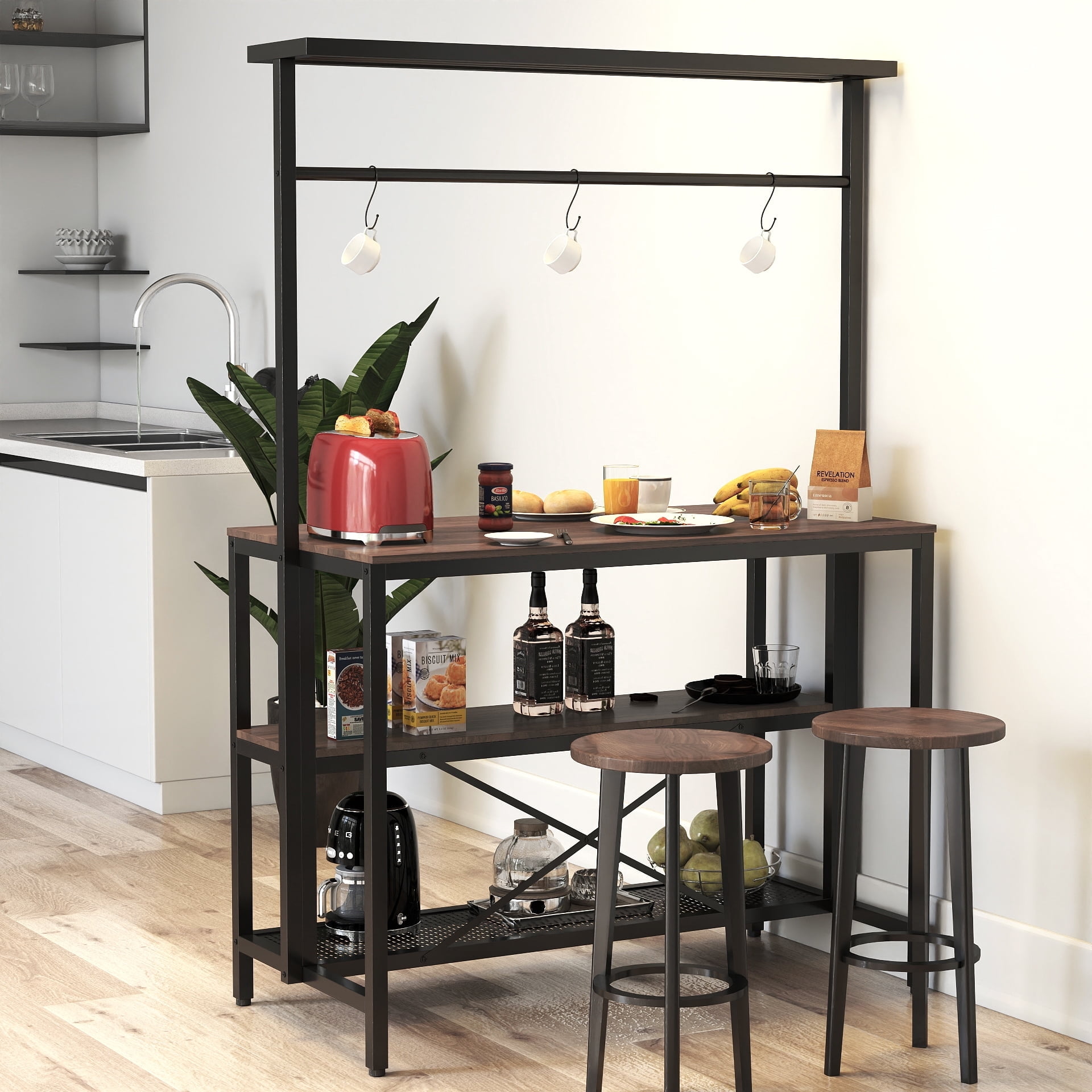 Kitchen Island & Bakers Rack with Storage, Island Table for Kitchen,3 Tier Microwave Stand Oven ...