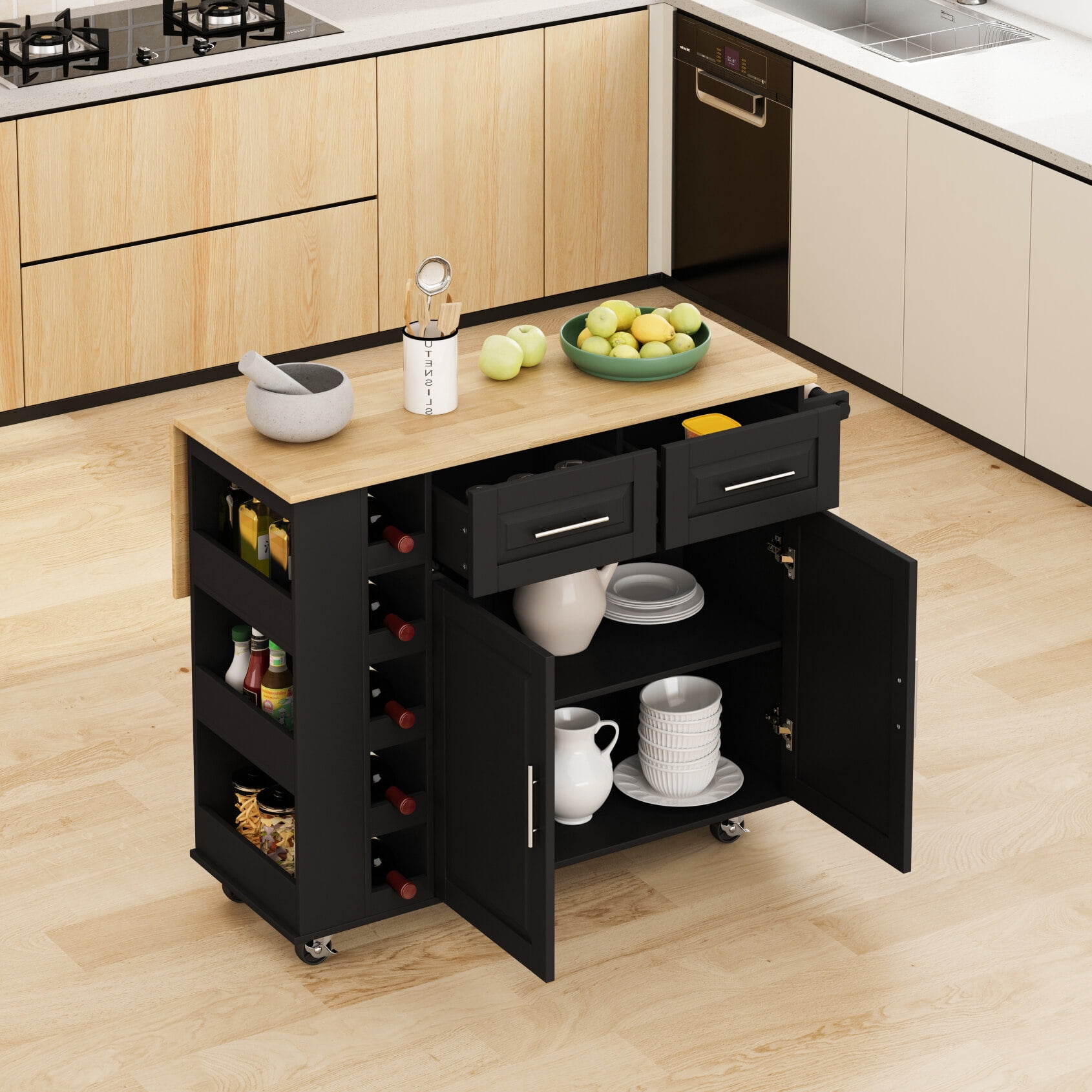 Kitchen Island Cart with 2 Door Cabinet, Two Drawers, Spice Rack and ...