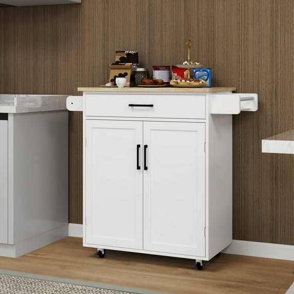 Kitchen Island Cart / Adjustable Partition, White Rubber Wood, Hidden ...