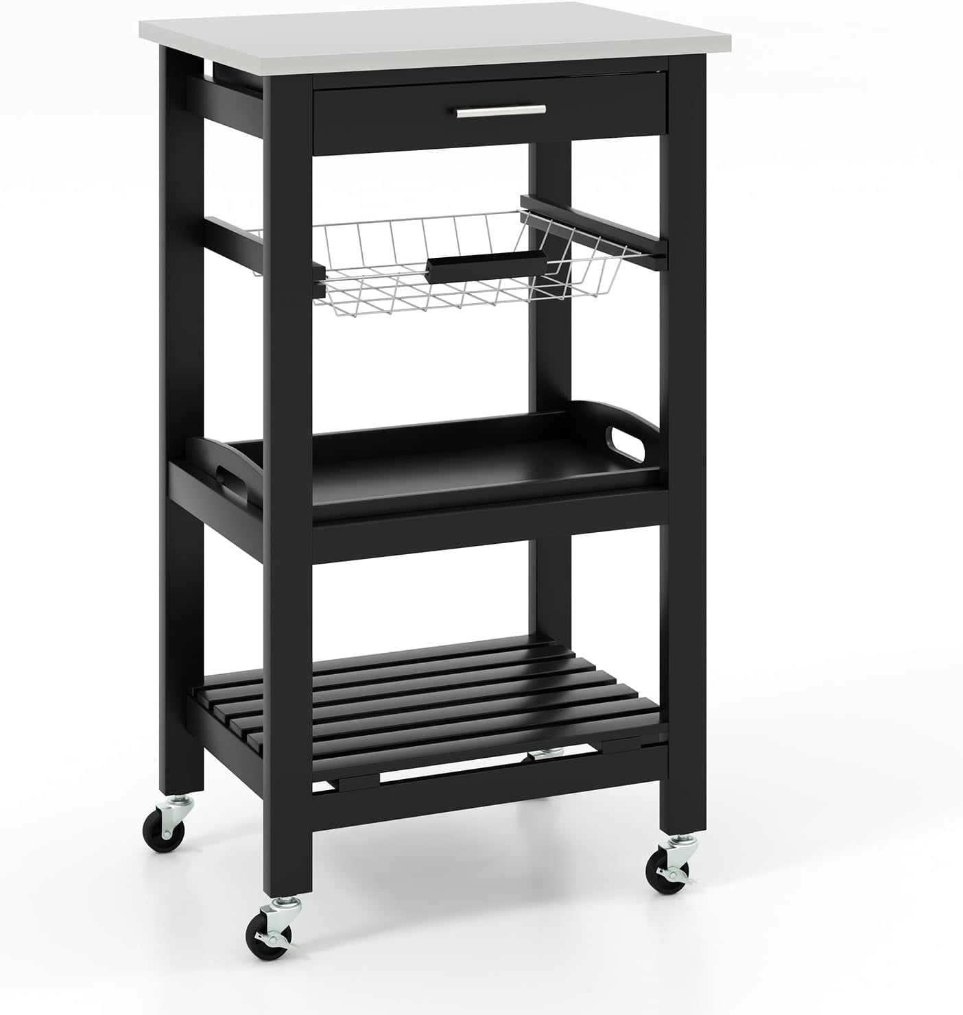 Kitchen Island Cart, Black Rolling Cart with Stainless Steel Table Top ...