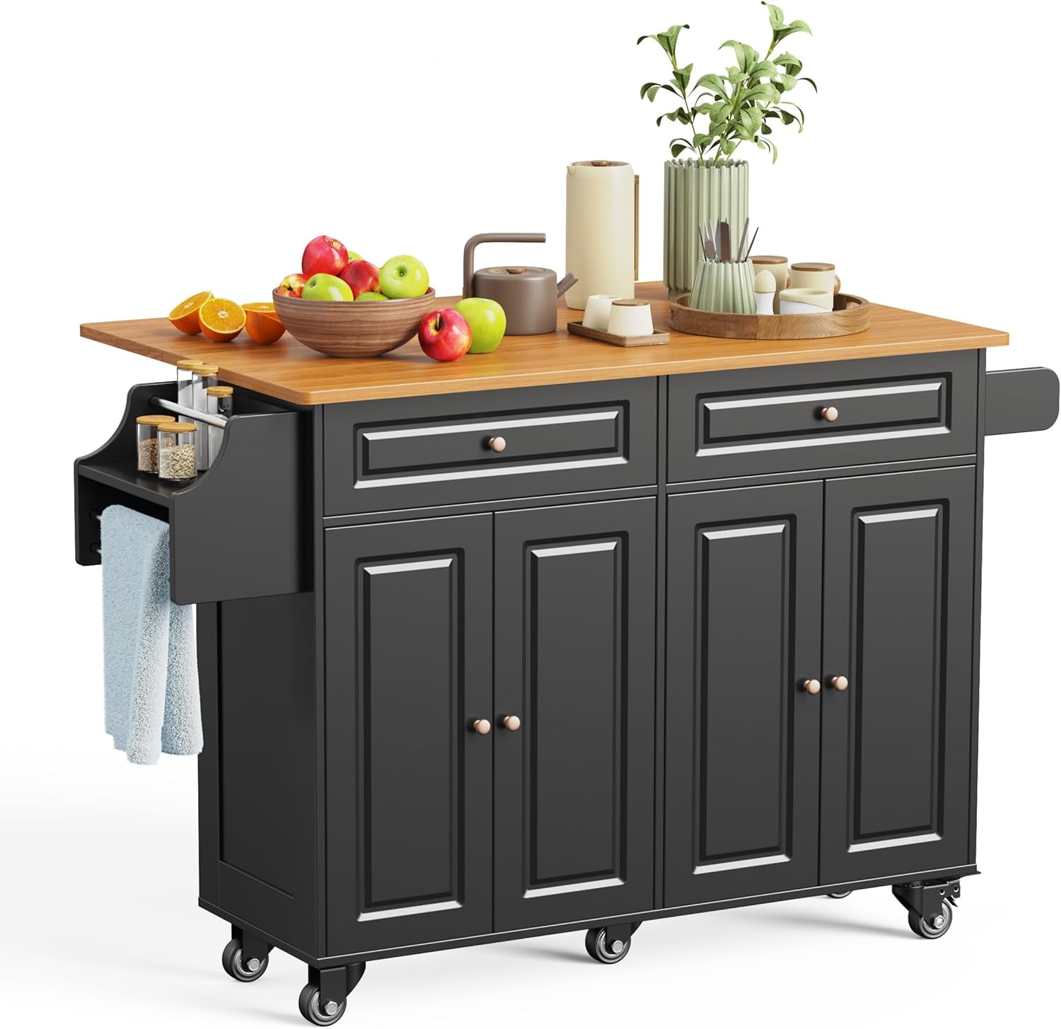 Kitchen Island Cart with Folding Drop Leaf 52" Width Mobile Carts with ...