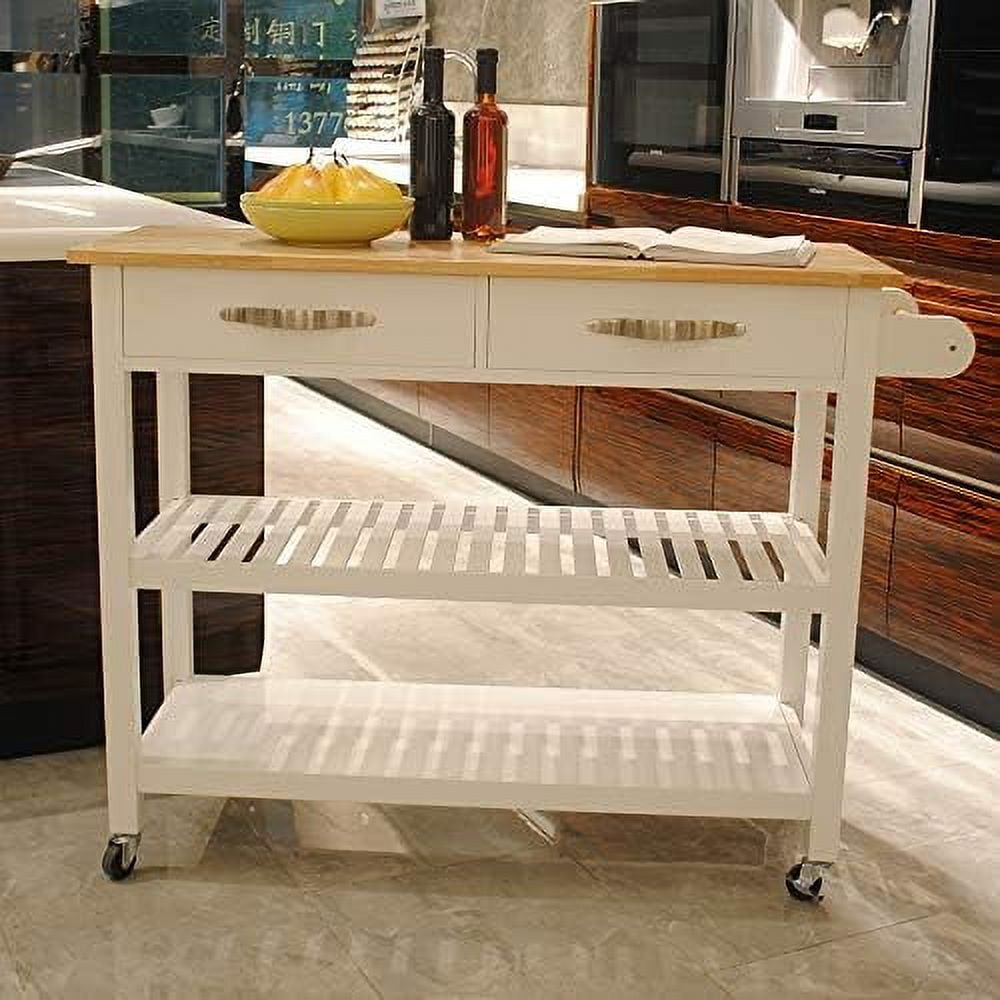 Kitchen Island Cart with Rubber Wood Counter Top, Kitchen Islan on Wheels with 2 Drawers and 2 ...