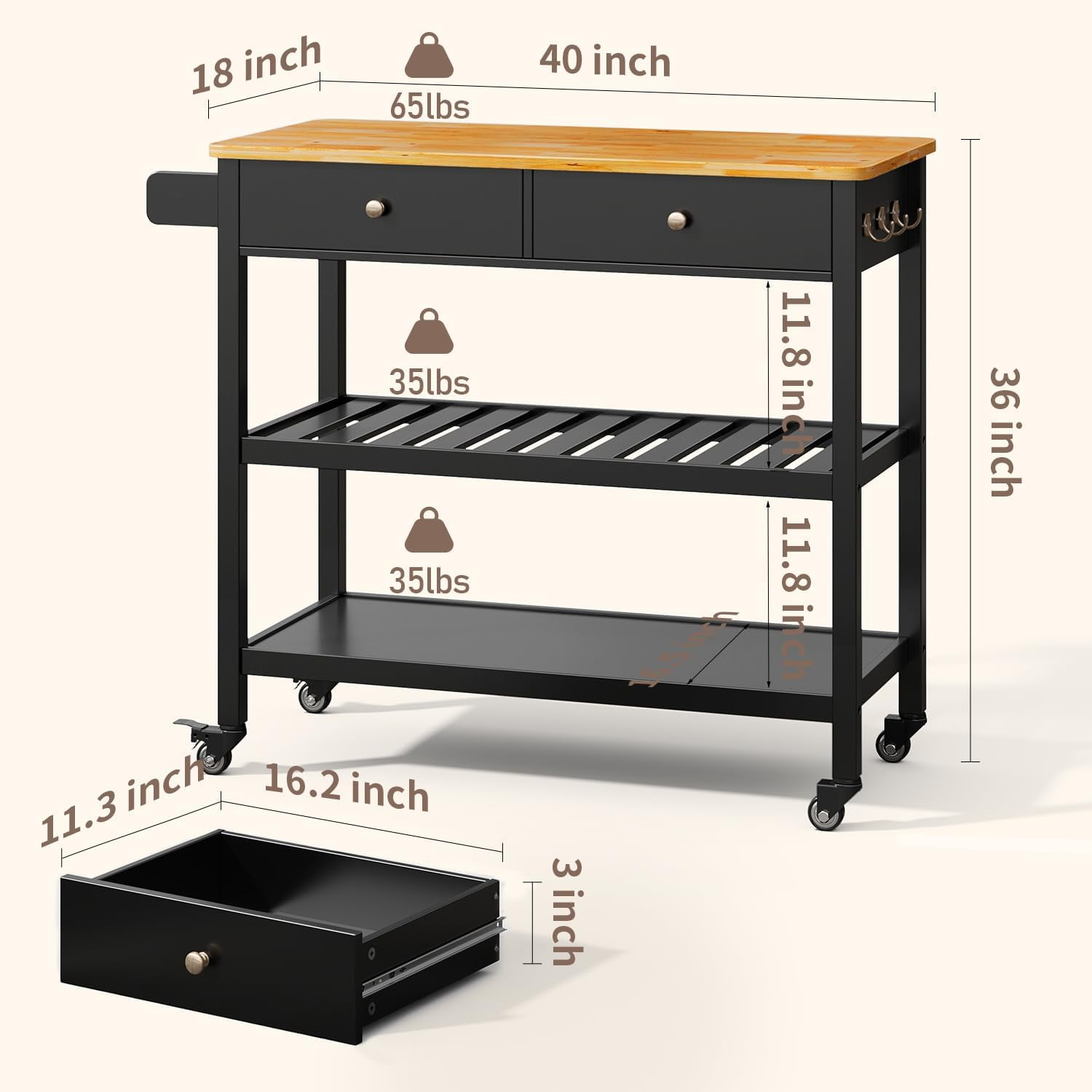 Kitchen Island Cart with Storage, 40’’ Wooden Top, 2 Tiers Spacious ...
