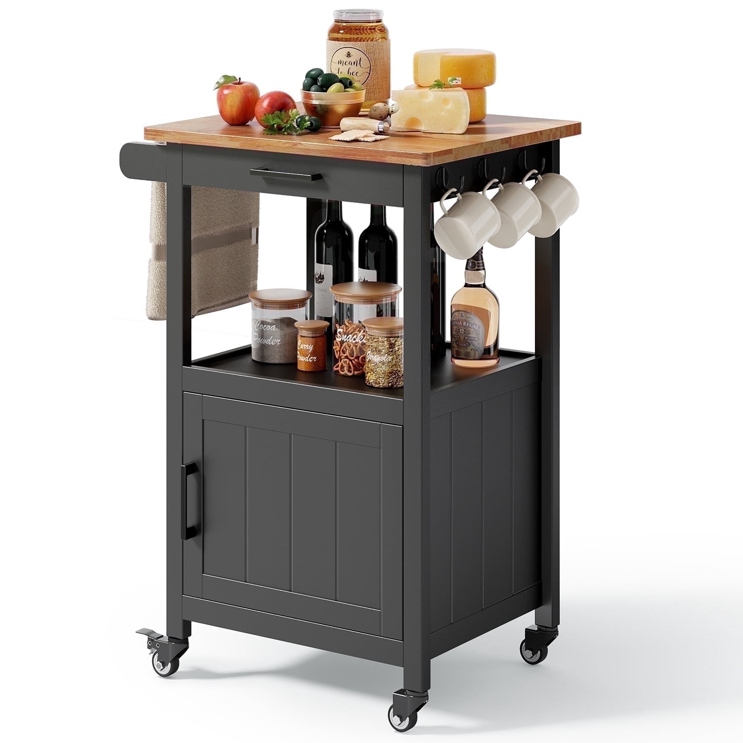 Noelse Rolling Kitchen Island with Storage and Rubber Wood Countertop ...