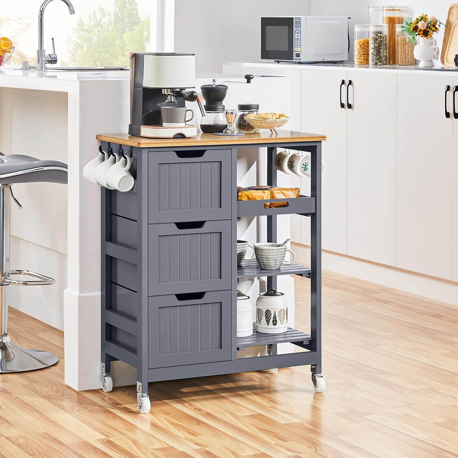 Kitchen Island Cart on Wheels with Storage, Rolling Bar Cart with Solid ...