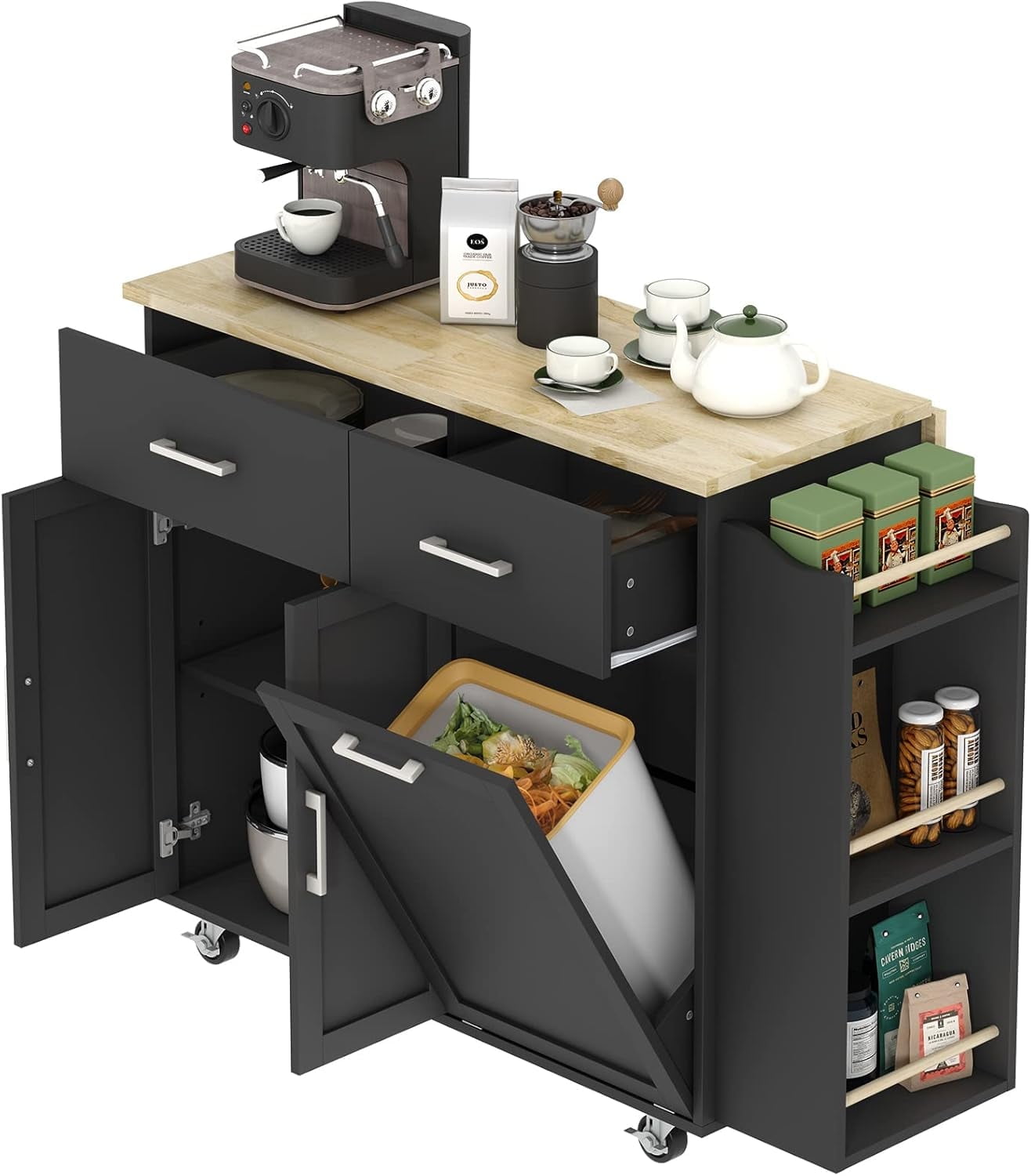 HAUXITIO Kitchen Island Cart with Drop Leaf,2 Drawers & Trash Can ...