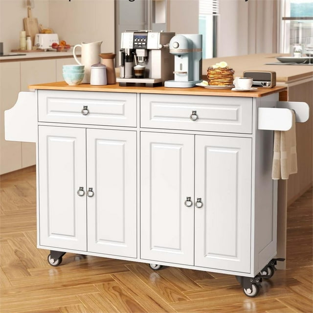 "Lofka 52"" Assembled White Wood Kitchen Island with Storage Cart and ...