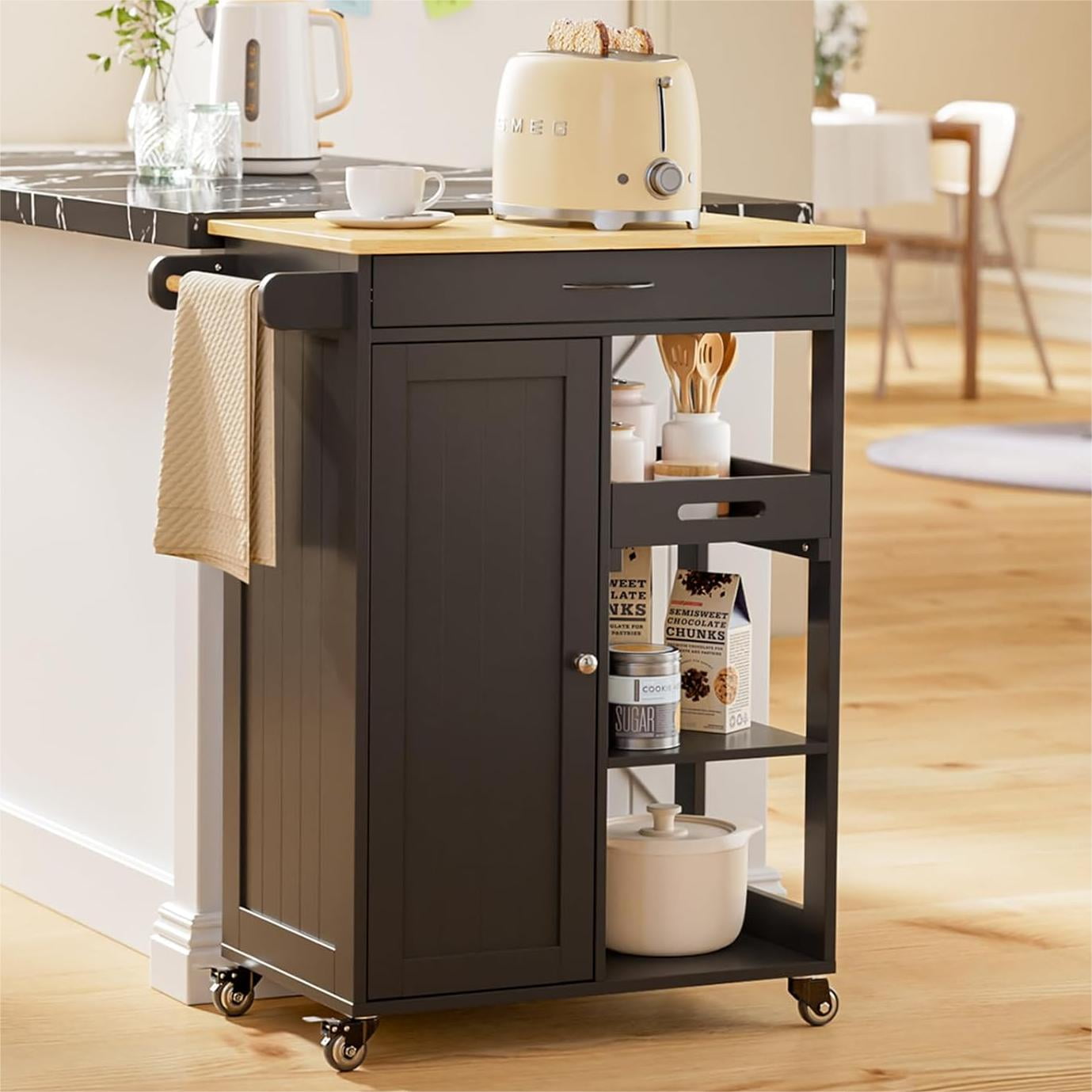 Lofka Kitchen Island Cart with Removable Tray, Drawer, Cabinet, Towel ...