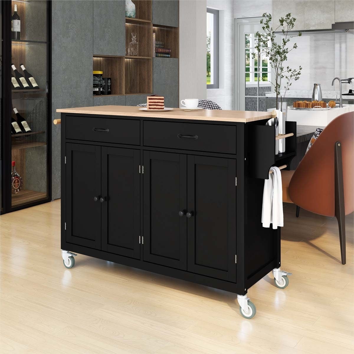Kitchen Island Cart with Solid Wood Top and Locking Wheels Black ...