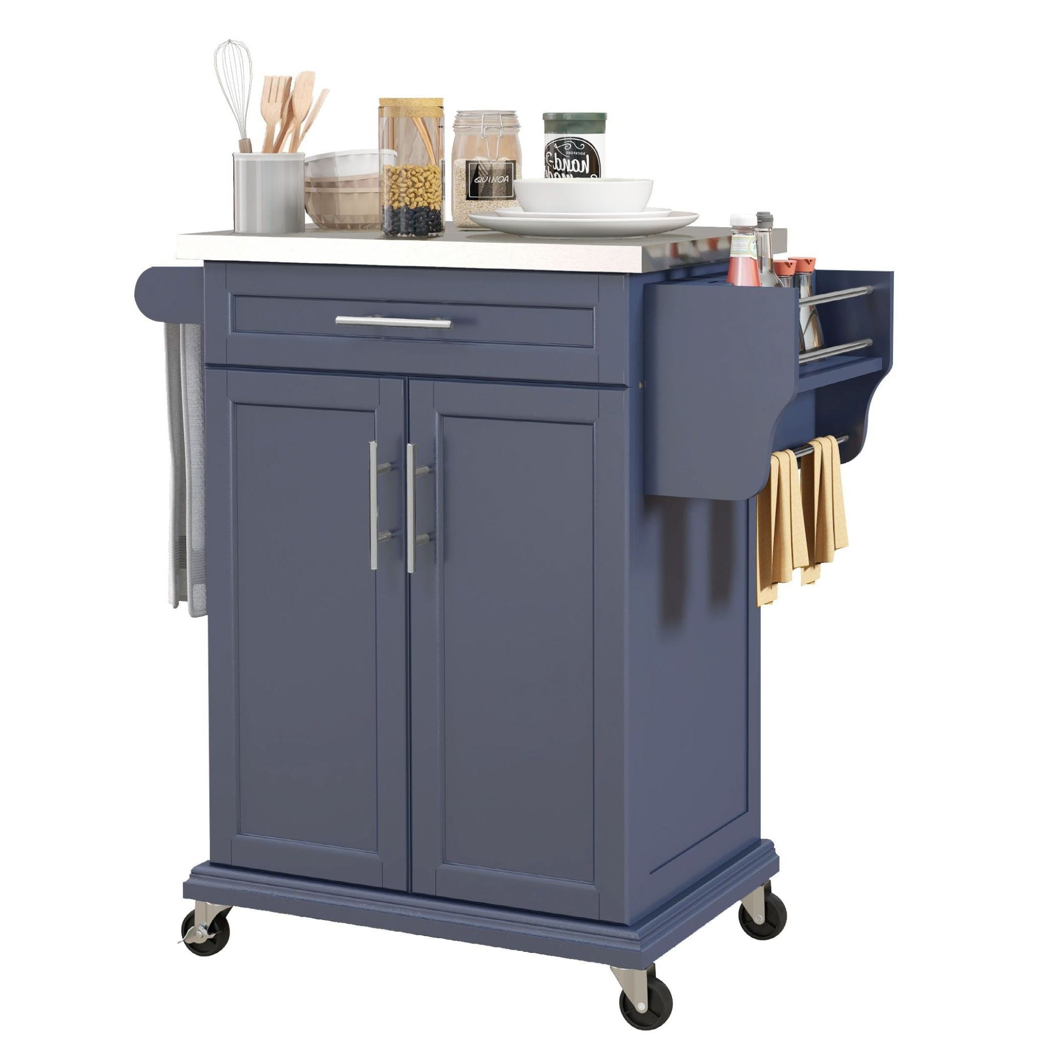 Kitchen Island Cart with Storage, Rolling Island on Wheels - Deep Blue ...