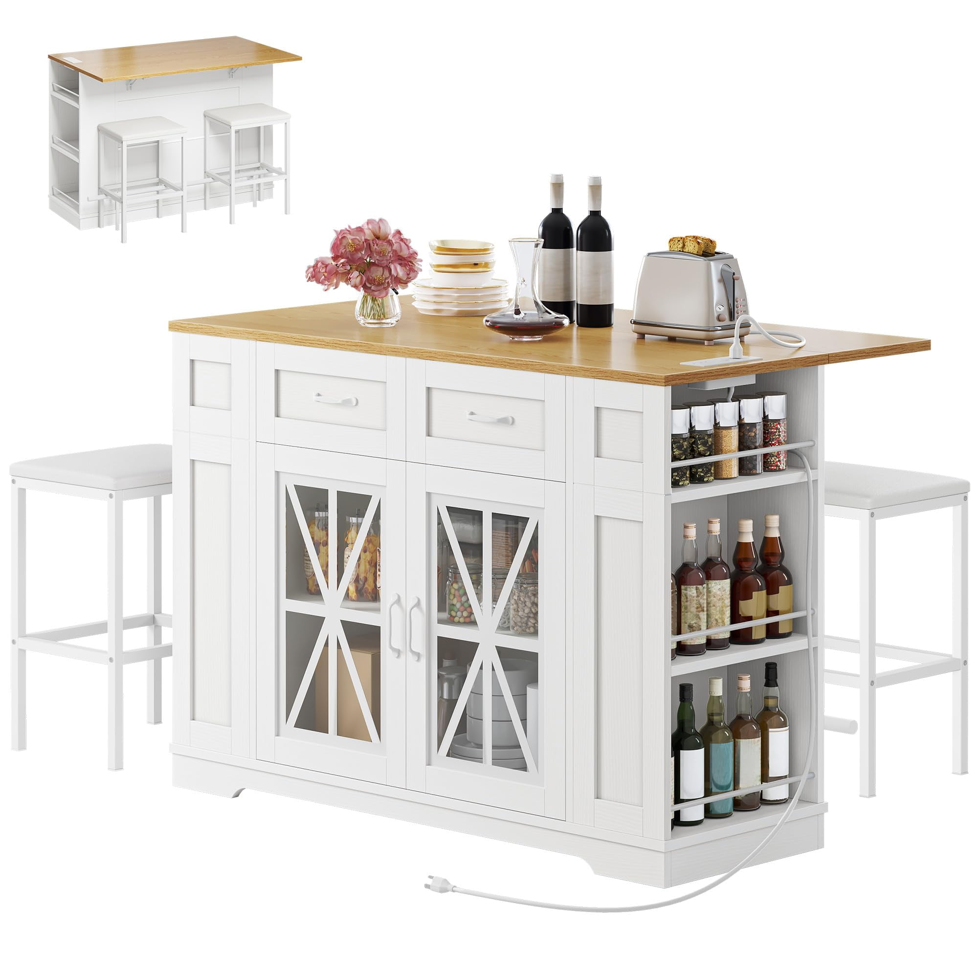 Kitchen Island with Drop Leaf, 47 Inch Mobile Storage Island with ...