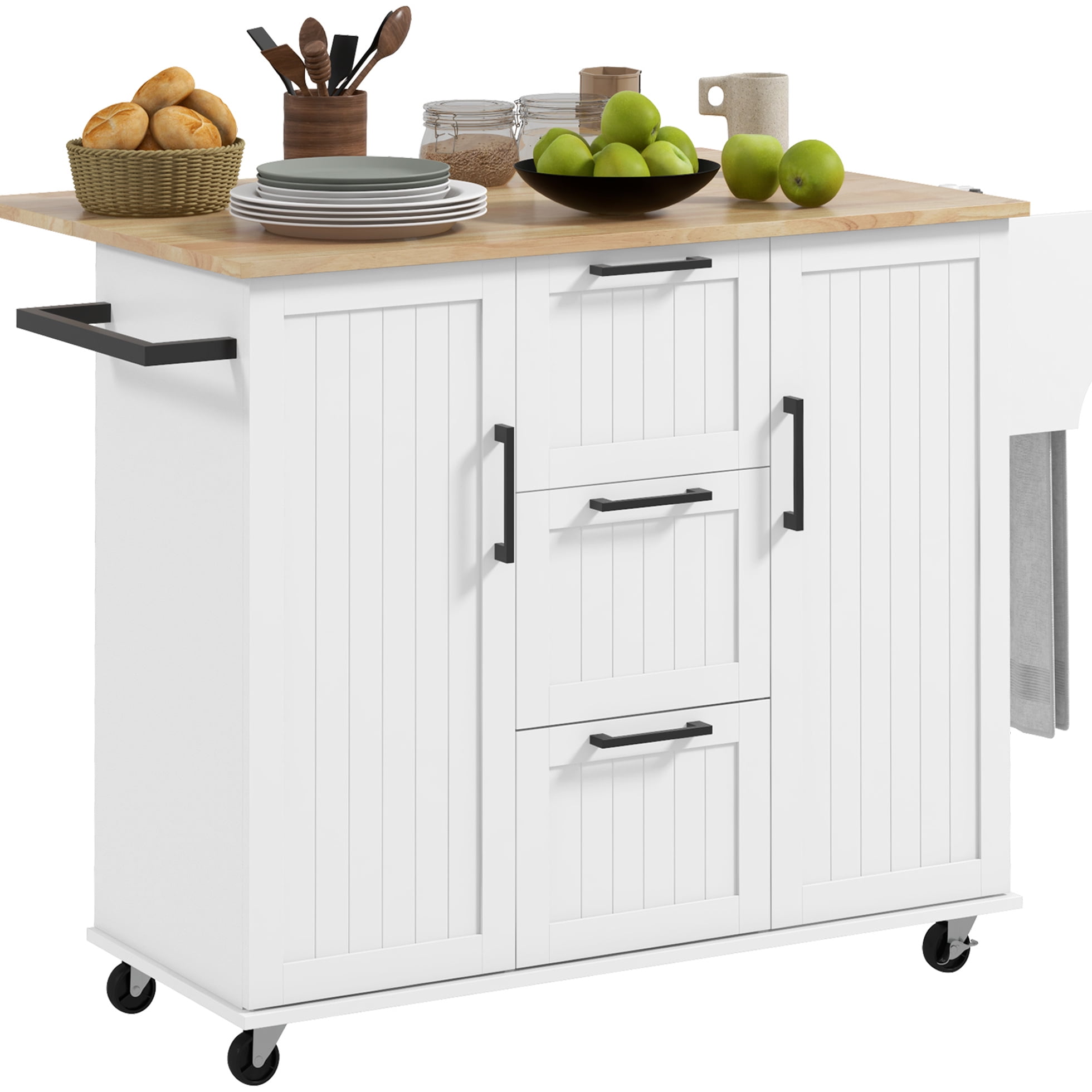 Kitchen Island With Drop Leaf And Extra Storage, 3 Drawers, 2 Cabinets ...