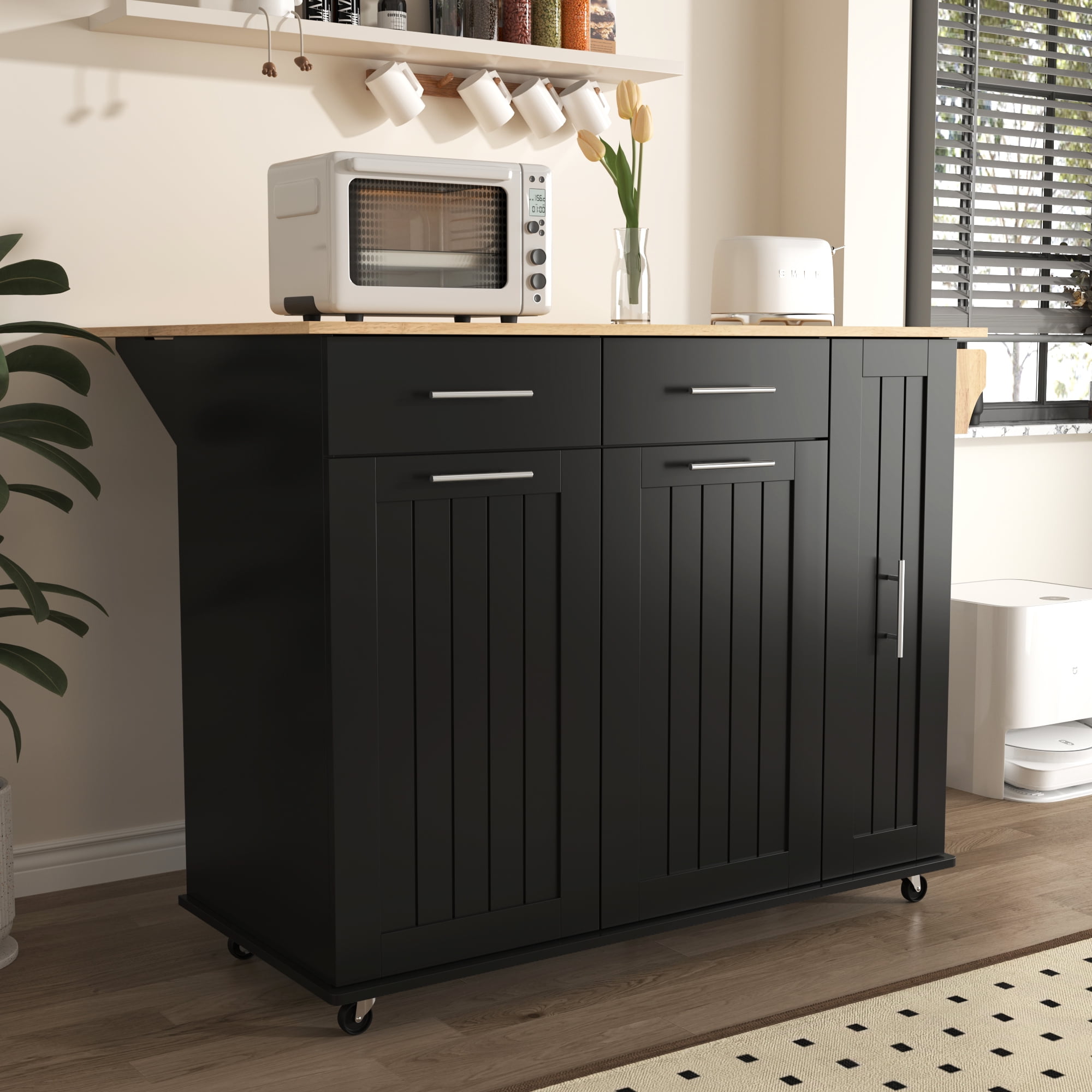 Kitchen Island with Drop Leaf, Kitchen Storage Cart with 3 Tier Pull ...