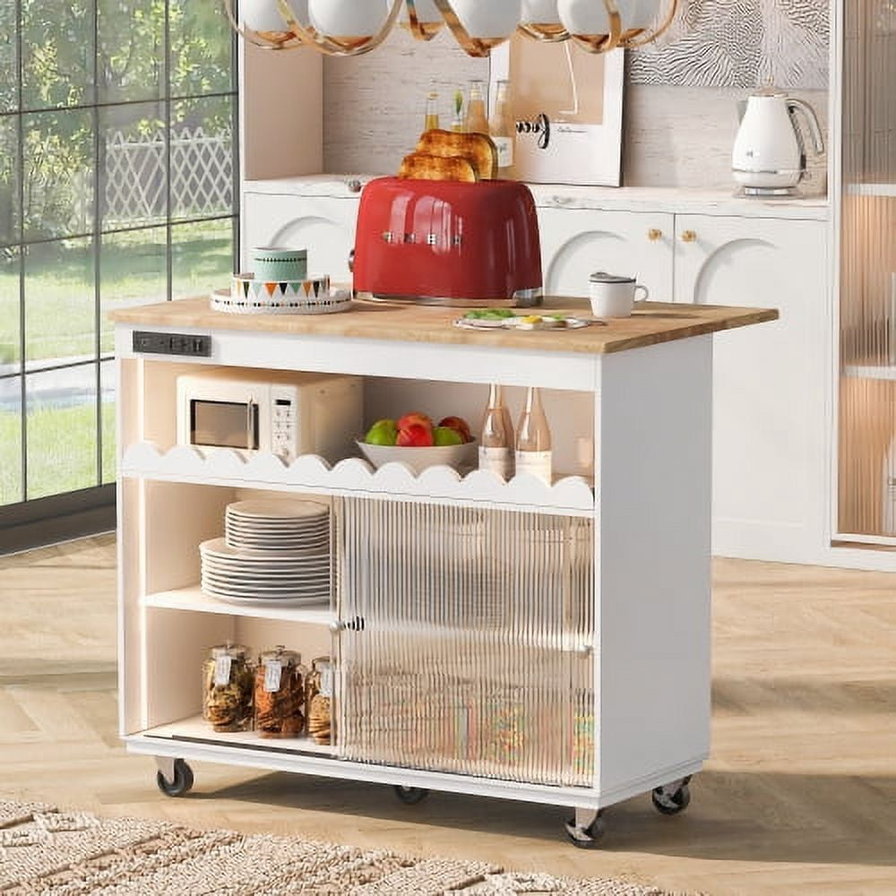 Kitchen Island with Drop Leaf, LED Light Kitchen Cart on Wheels with ...