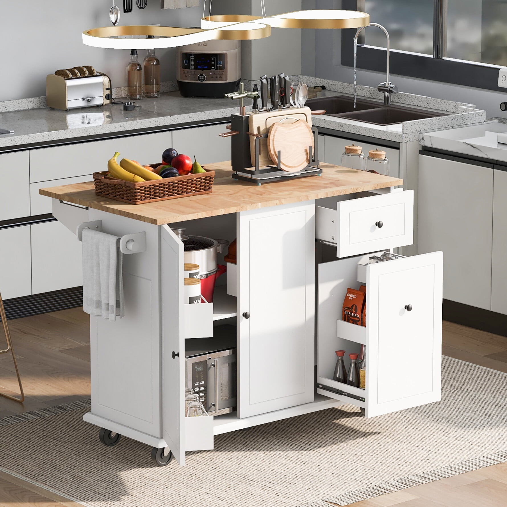 Kitchen Island with Drop Leaf and Locking Wheels, Rolling Kitchen Cart ...