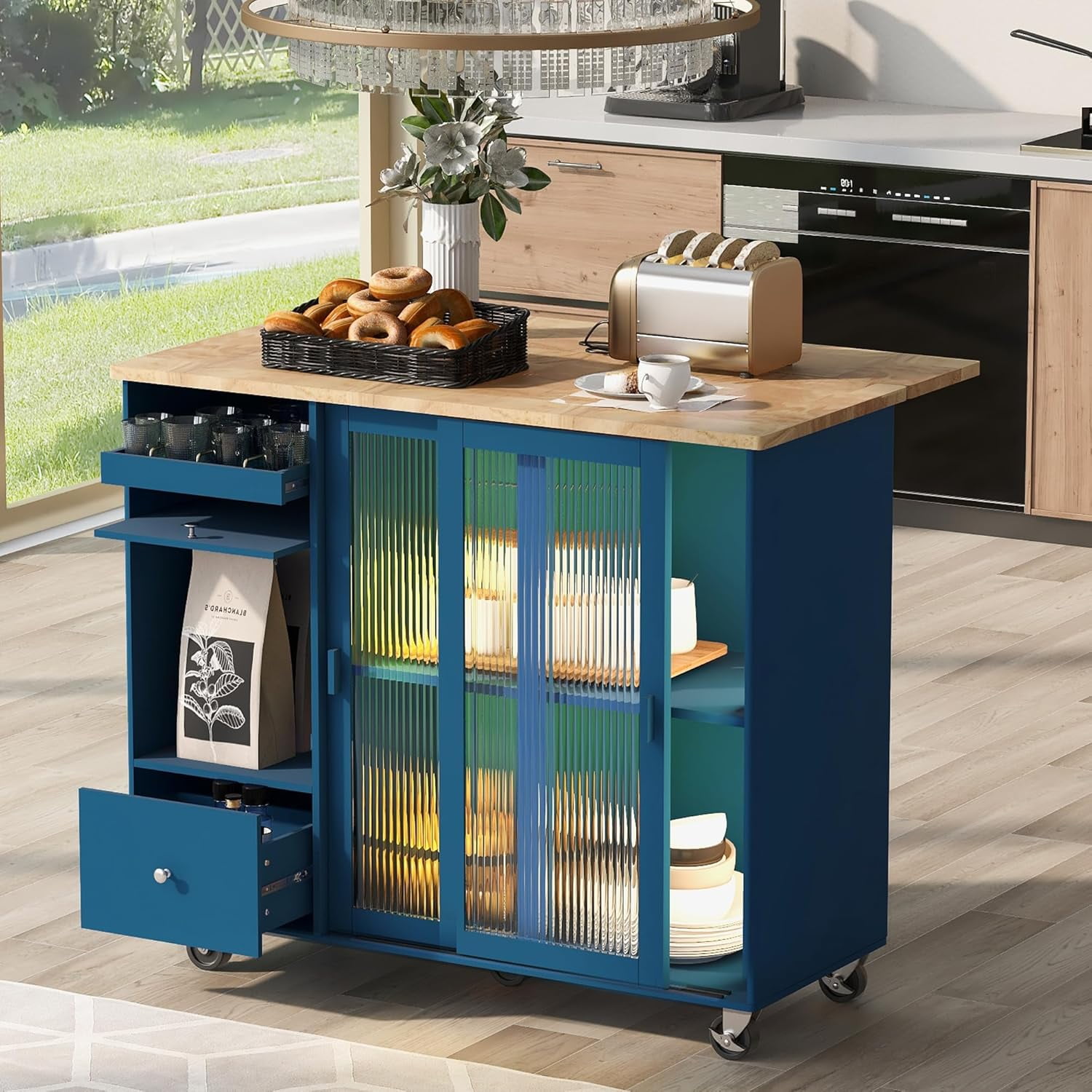 Kitchen Island with Drop Leaf and Storage, LED Light Kitchen Cart on ...