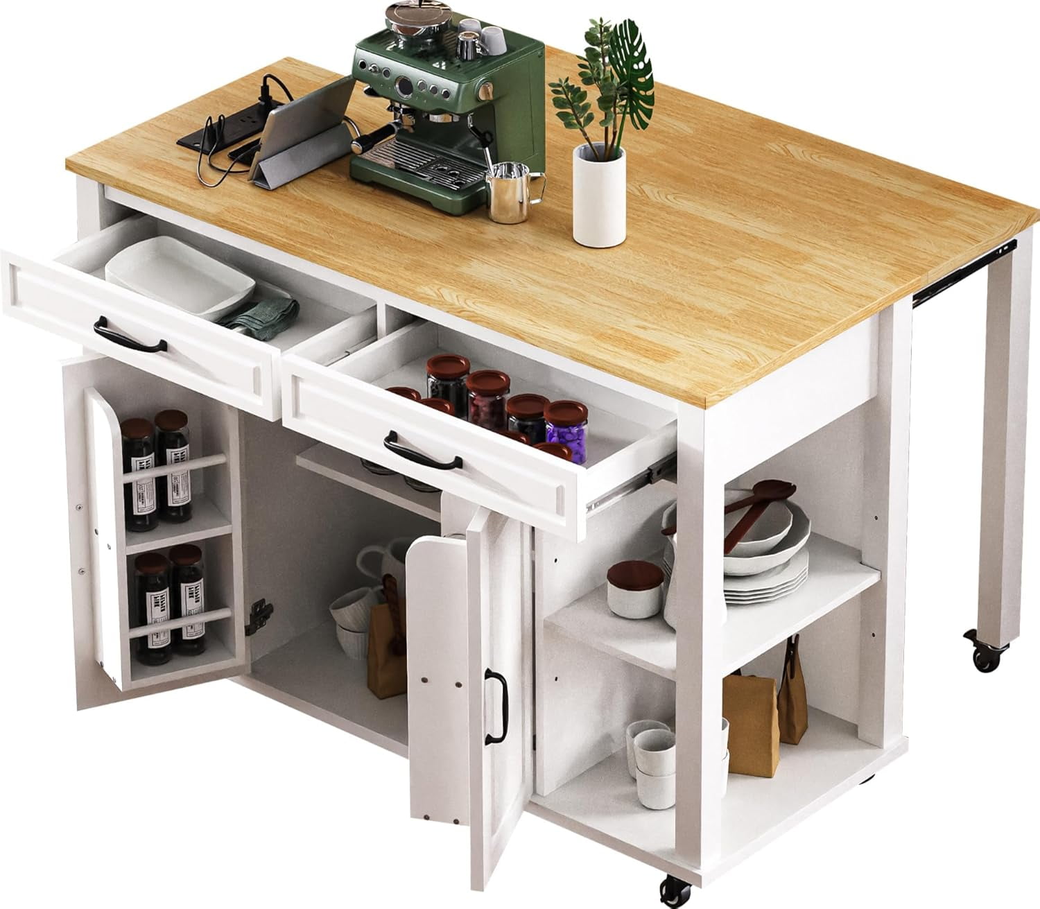 Kitchen Island with Extendable Dining Table, 47'' Rubber Wood Veneer ...