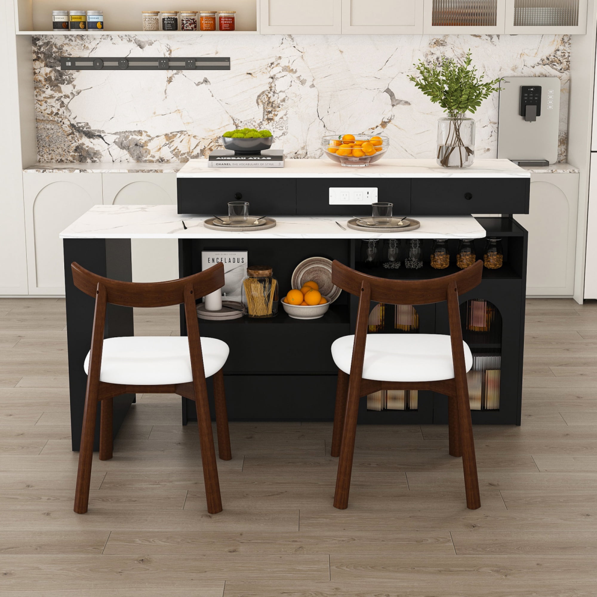 Kitchen Island with Extendable & Rotating Table, MDF with Walnut Veneer ...