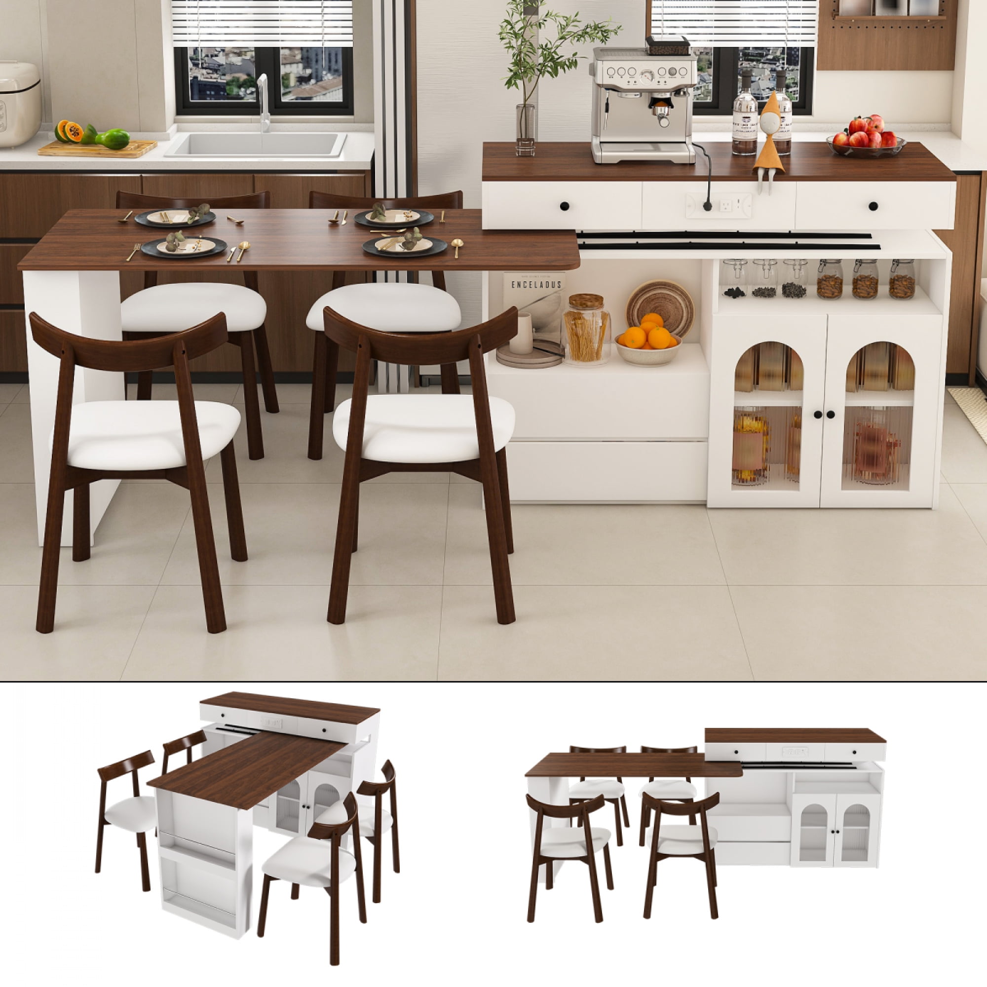 Kitchen Island with Extendable & Rotating Table, MDF with Walnut Veneer ...