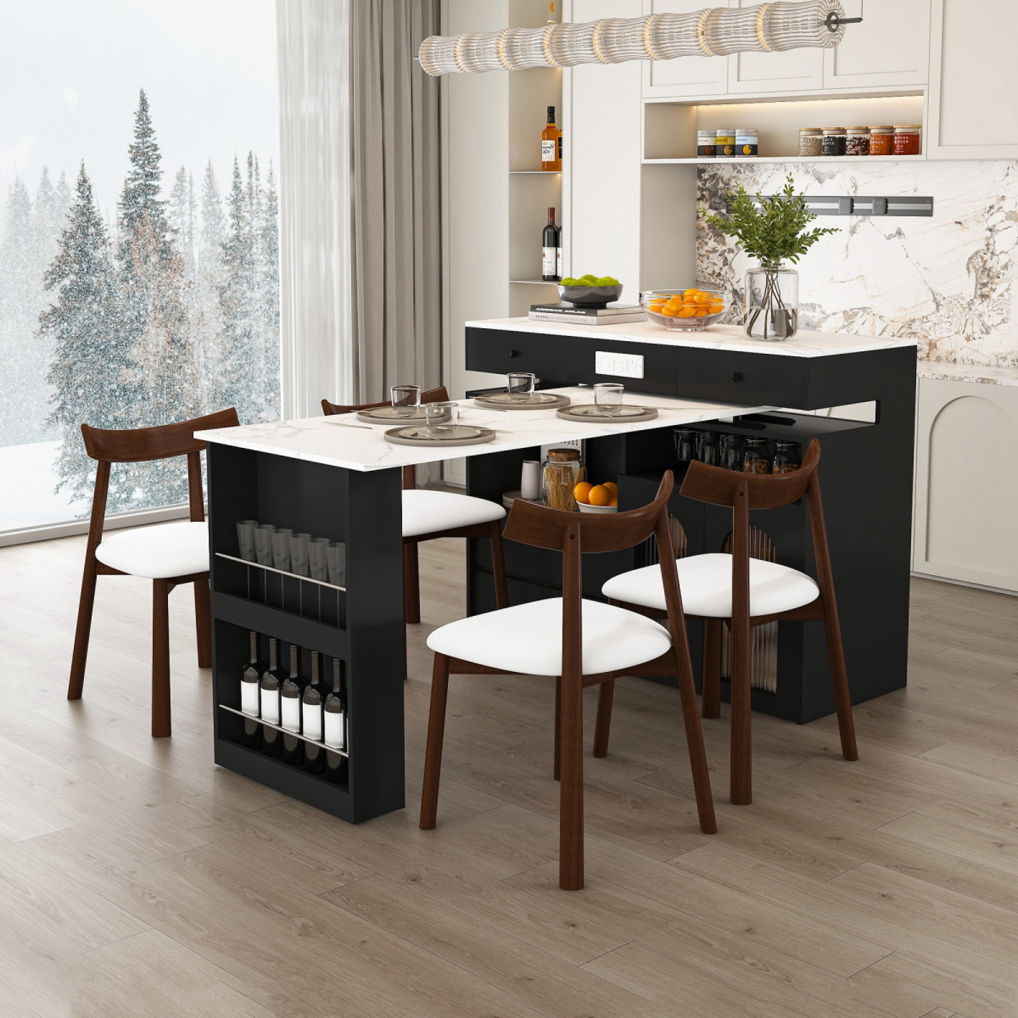 Kitchen Island with Extendable & Rotating Table, MDF with Walnut Veneer ...