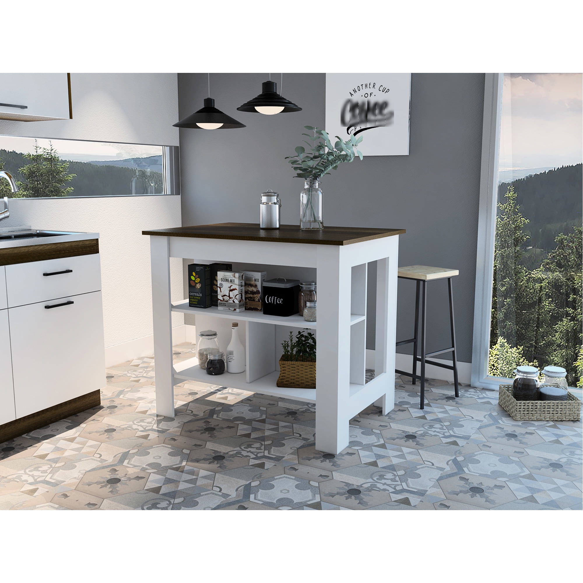 Kitchen Island - Four Legs & Three Shelves, White/walnut, Particle ...