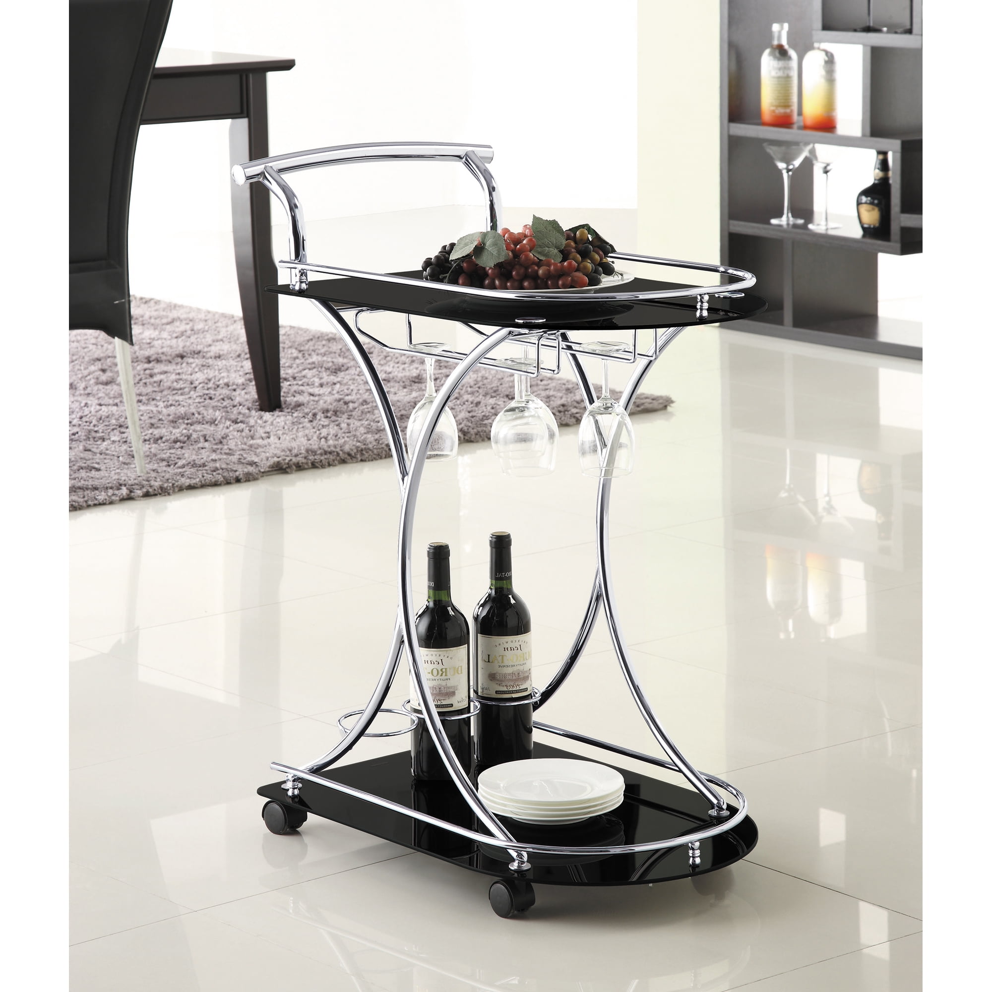 Kitchen Island Furniture Allen Black and Chrome 2-Tier Glass Shelf ...