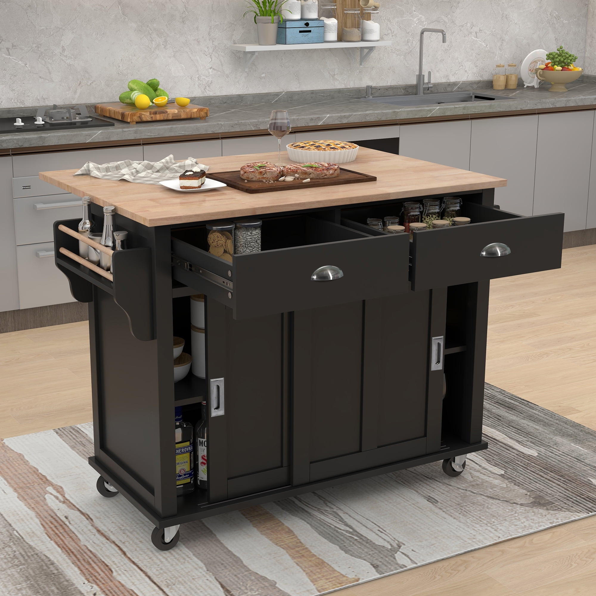 Kitchen Island Furniture Kitchen Cart with Rubber wood Drop-Leaf ...