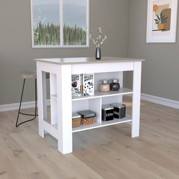 Kitchen Island, Kitchen Table 35" H, Three Open Storage Shelves, Four ...