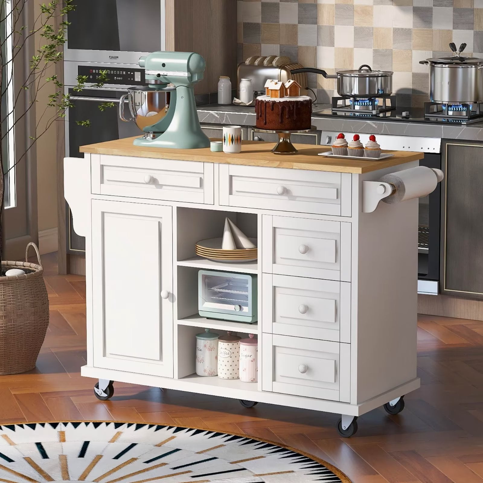 White Rolling Kitchen Island Cart with 5 Drawers, Adjustable Shelves ...