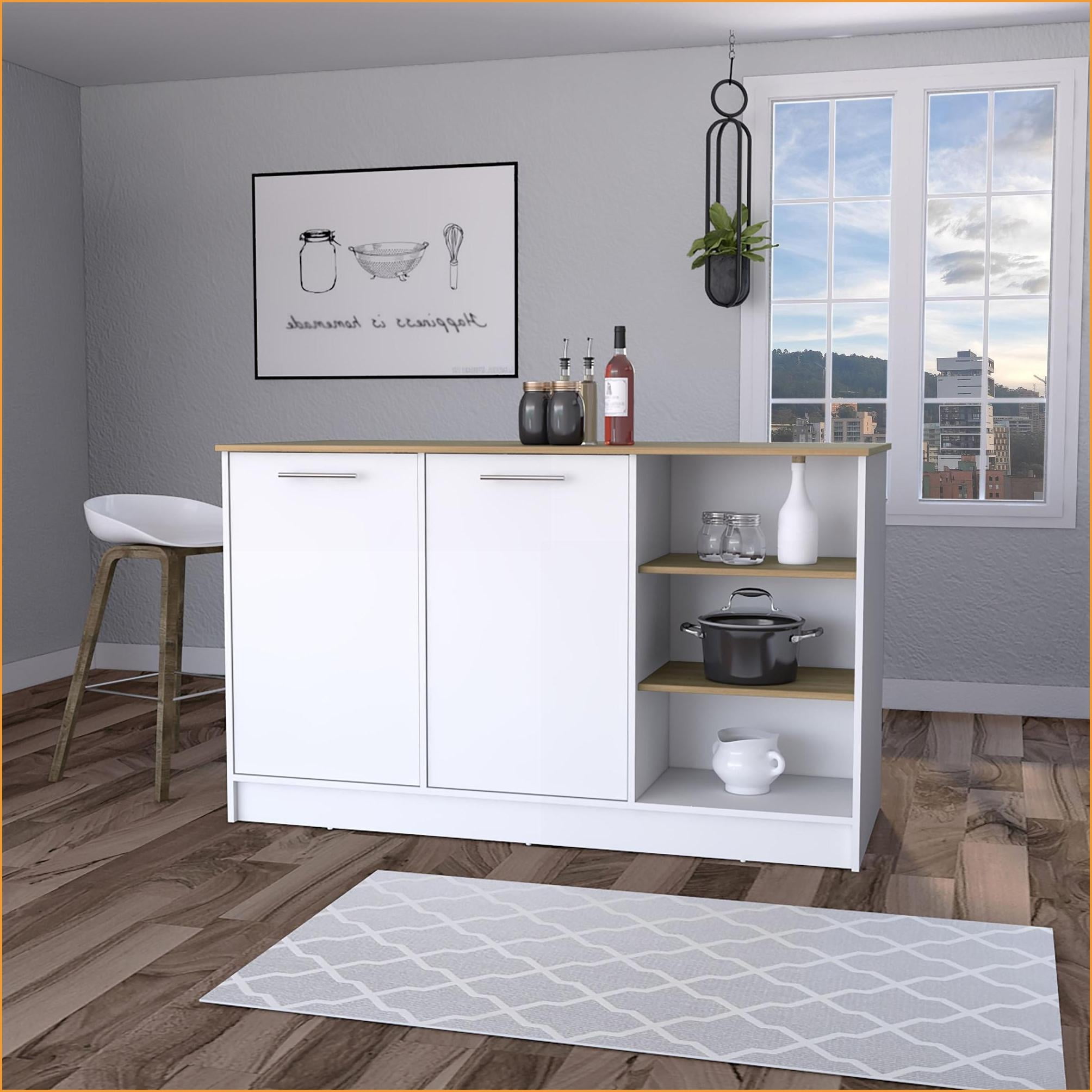 Kitchen Island, Modern 2-Door 3-Shelf, Marquez White & Ash | White ...