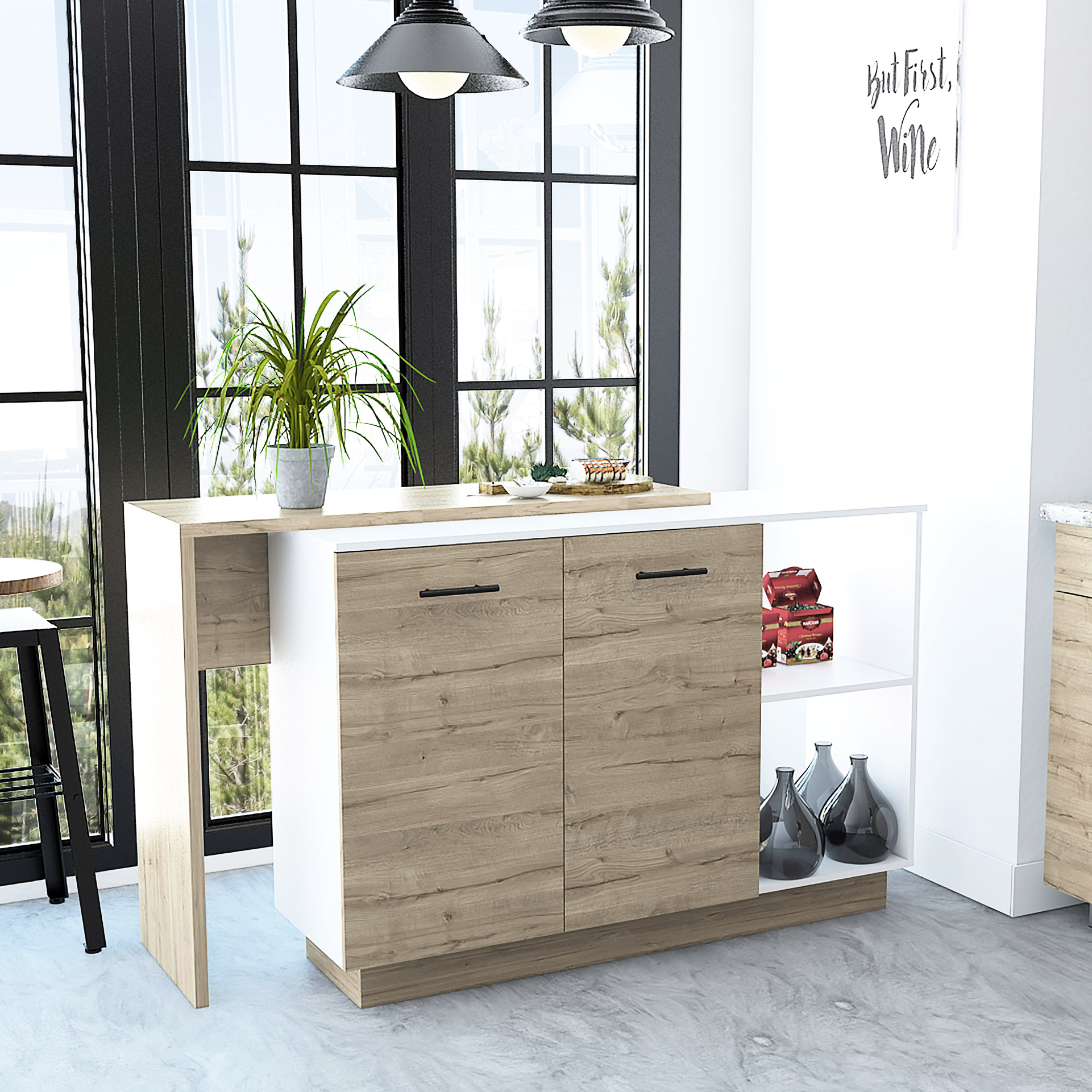 Kitchen Island - Modern Style, White/ Oak, Two External Shelves And ...
