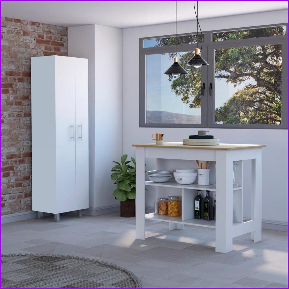 Kitchen Island & Pantry Set, 2-Piece with 9 Shelves | White & Light Oak ...
