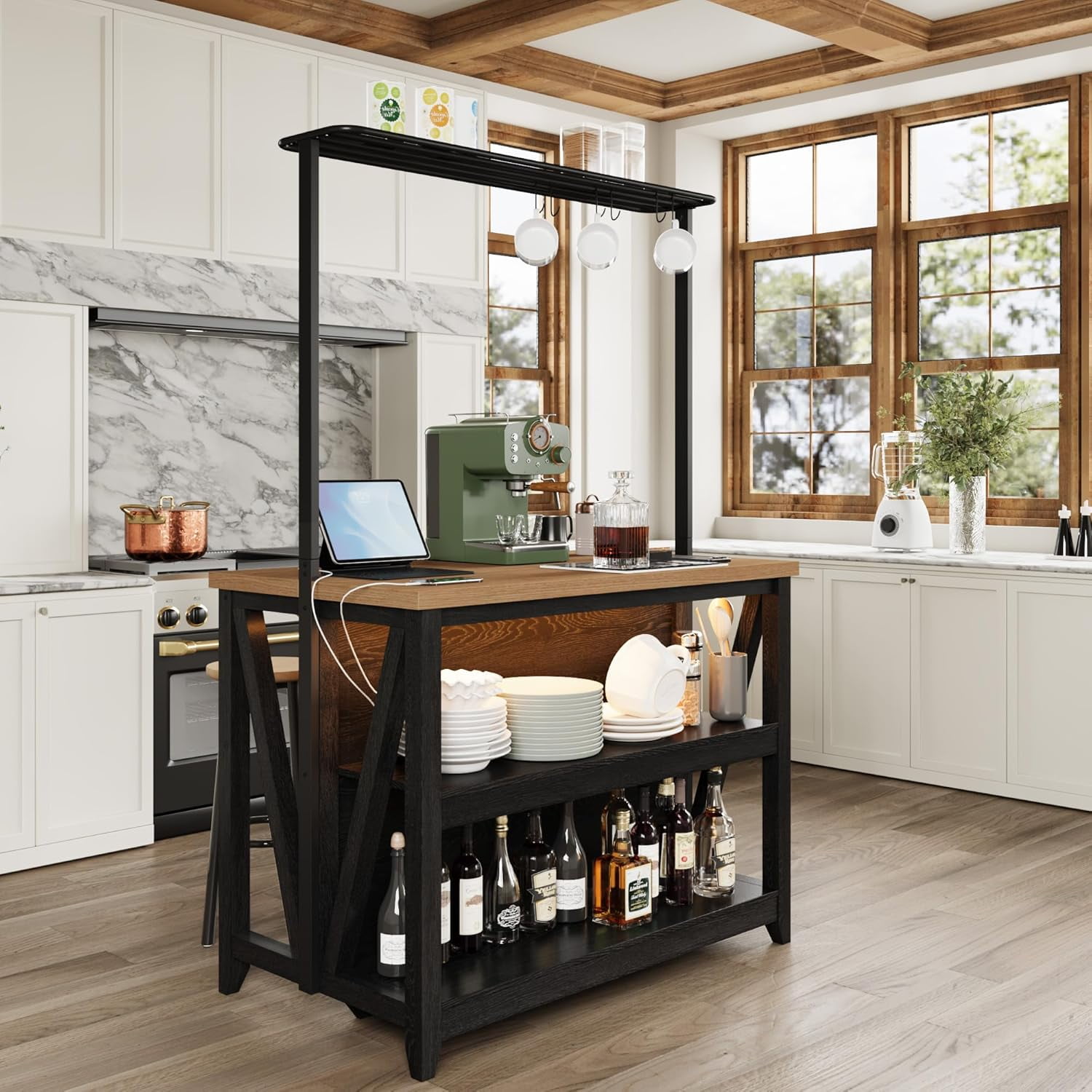 Kitchen Island with Power Outlet& LED Lights,Bakers Rack with 6 Hooks ...