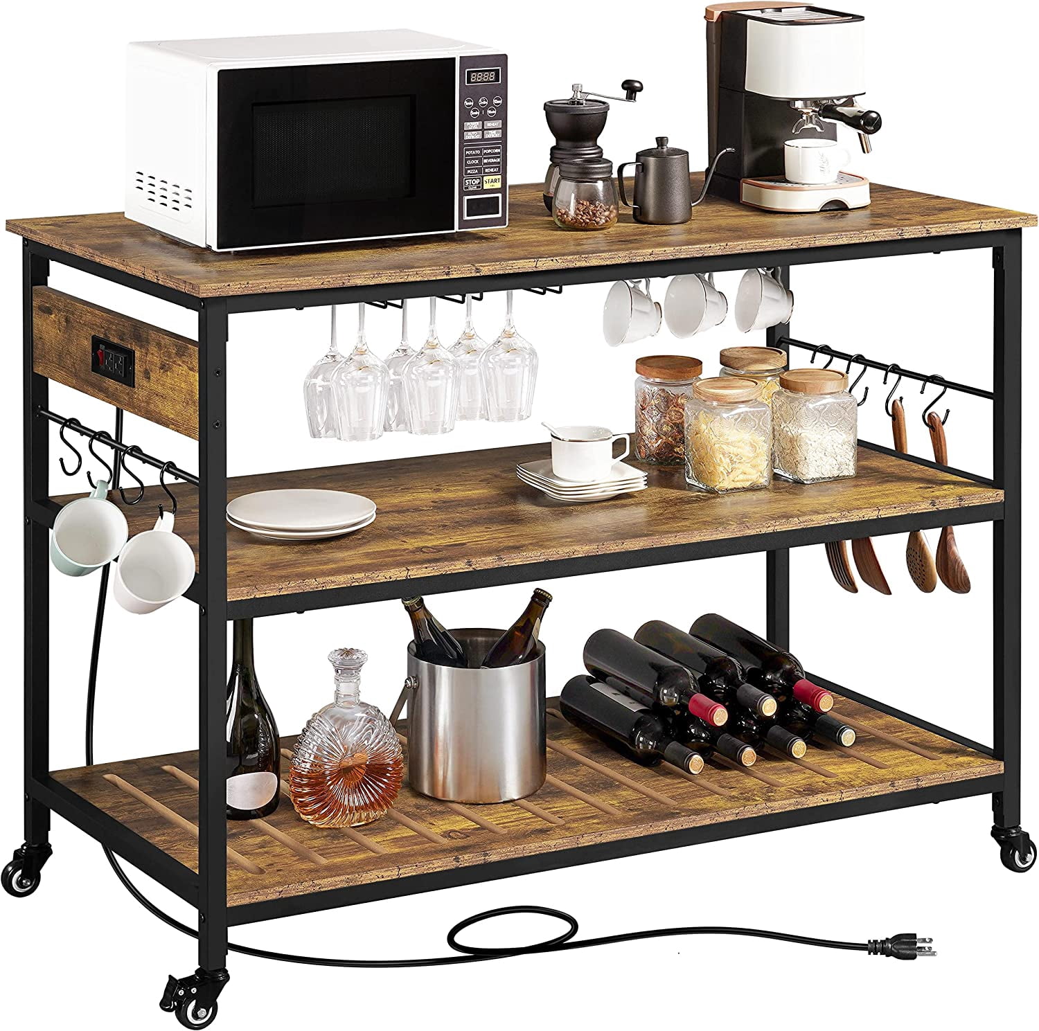Kitchen Island with Power Outlet, Rolling Kitchen Cart with Wine Rack ...