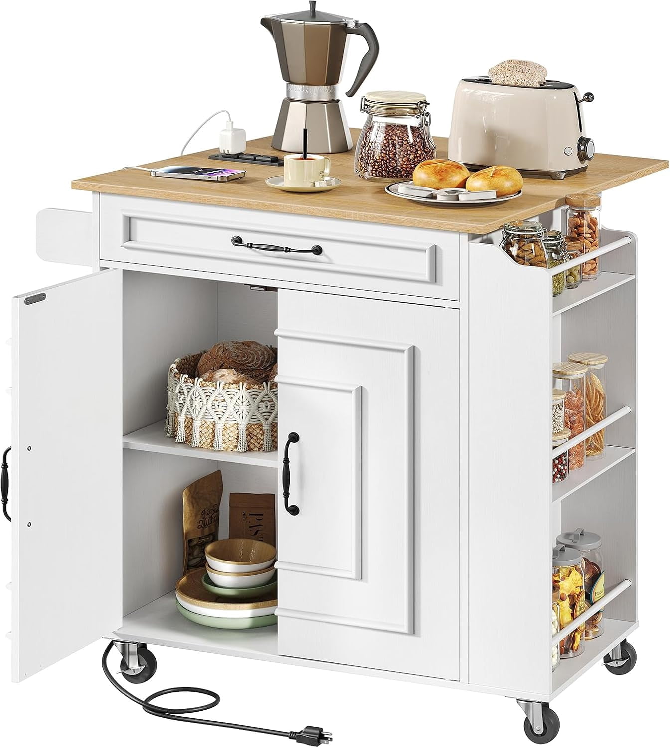 Kitchen Island with Power Outlets & Drop Leaf, Small Rolling Kitchen ...