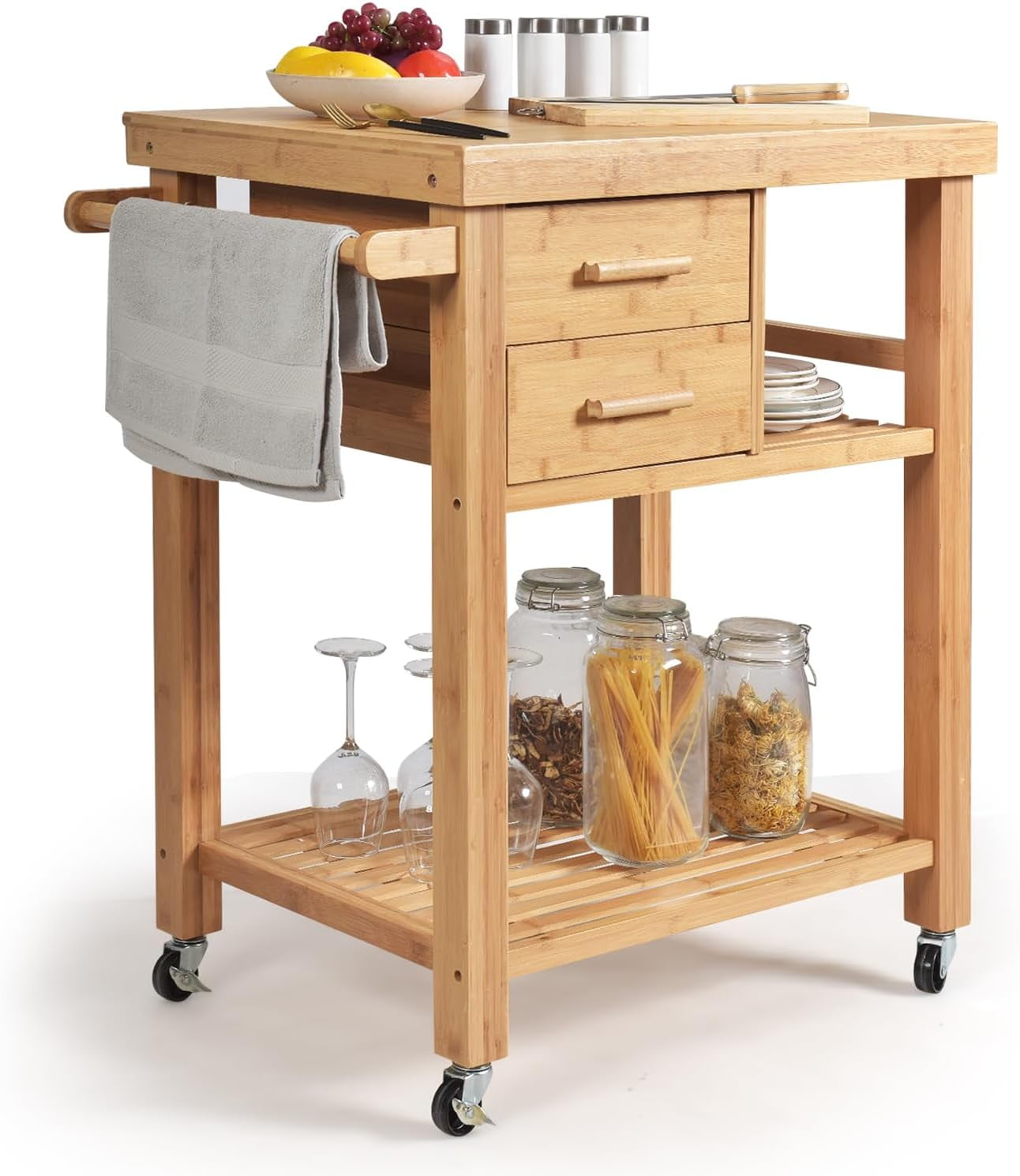 Kitchen Island, Rolling Butcher Block Kitchen Cart on Wheels, Bamboo ...