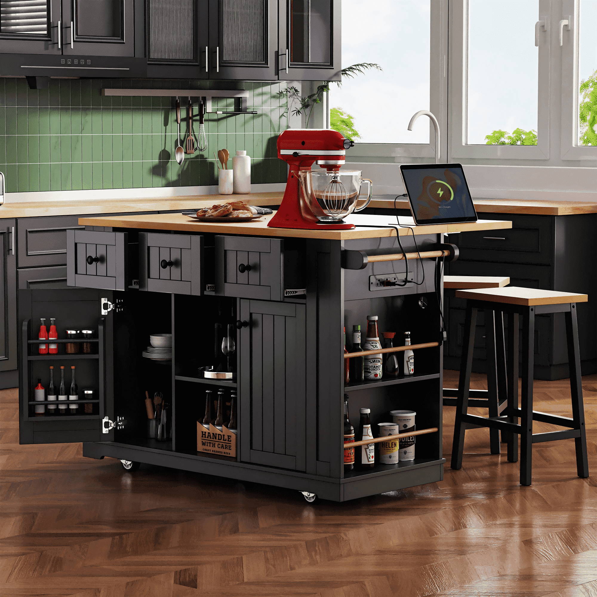 Kitchen Island with Seating and Storage, Moveable Kitchen Island with ...