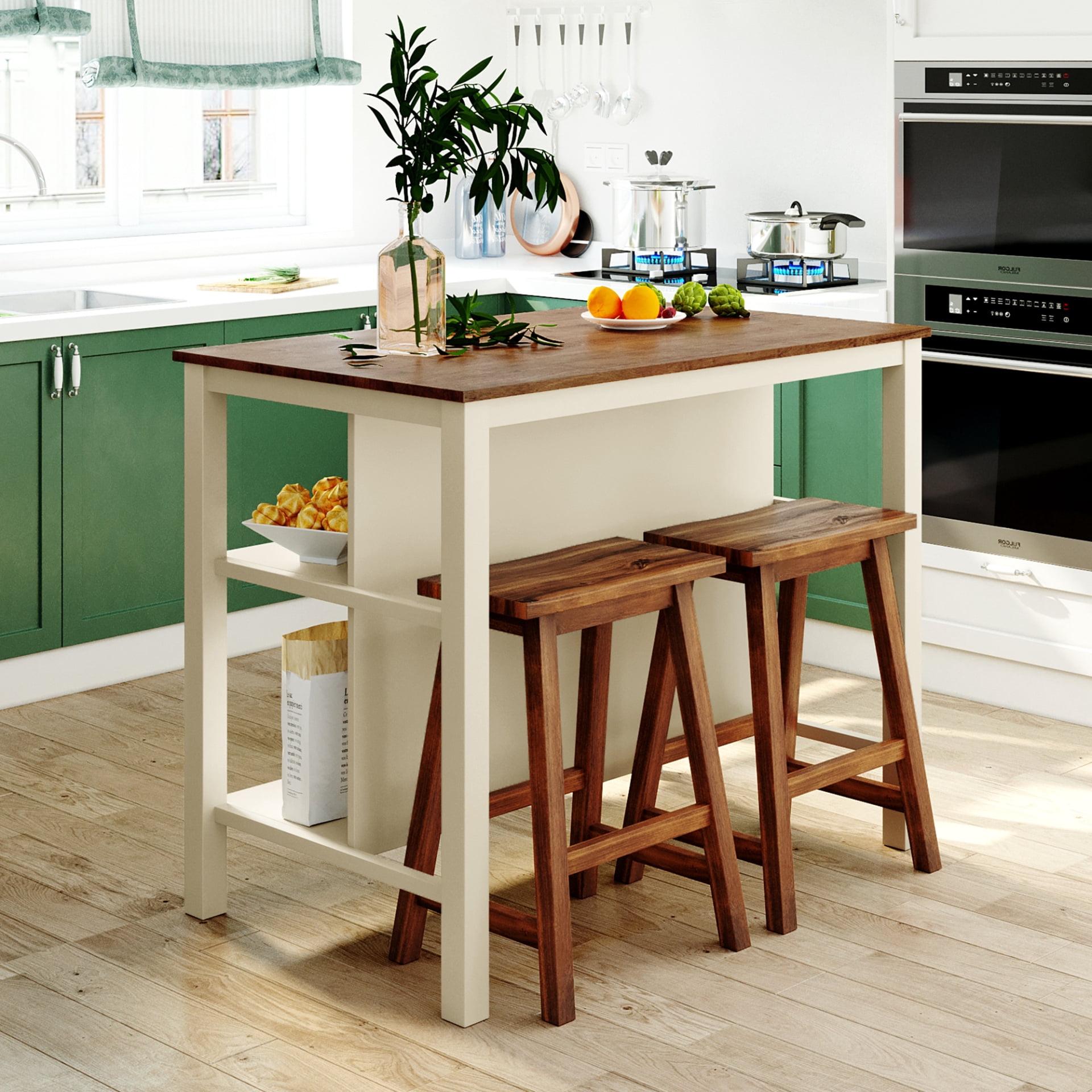Kitchen Island Set with 2 Seatings, Solid Wood Rustic Stationary ...