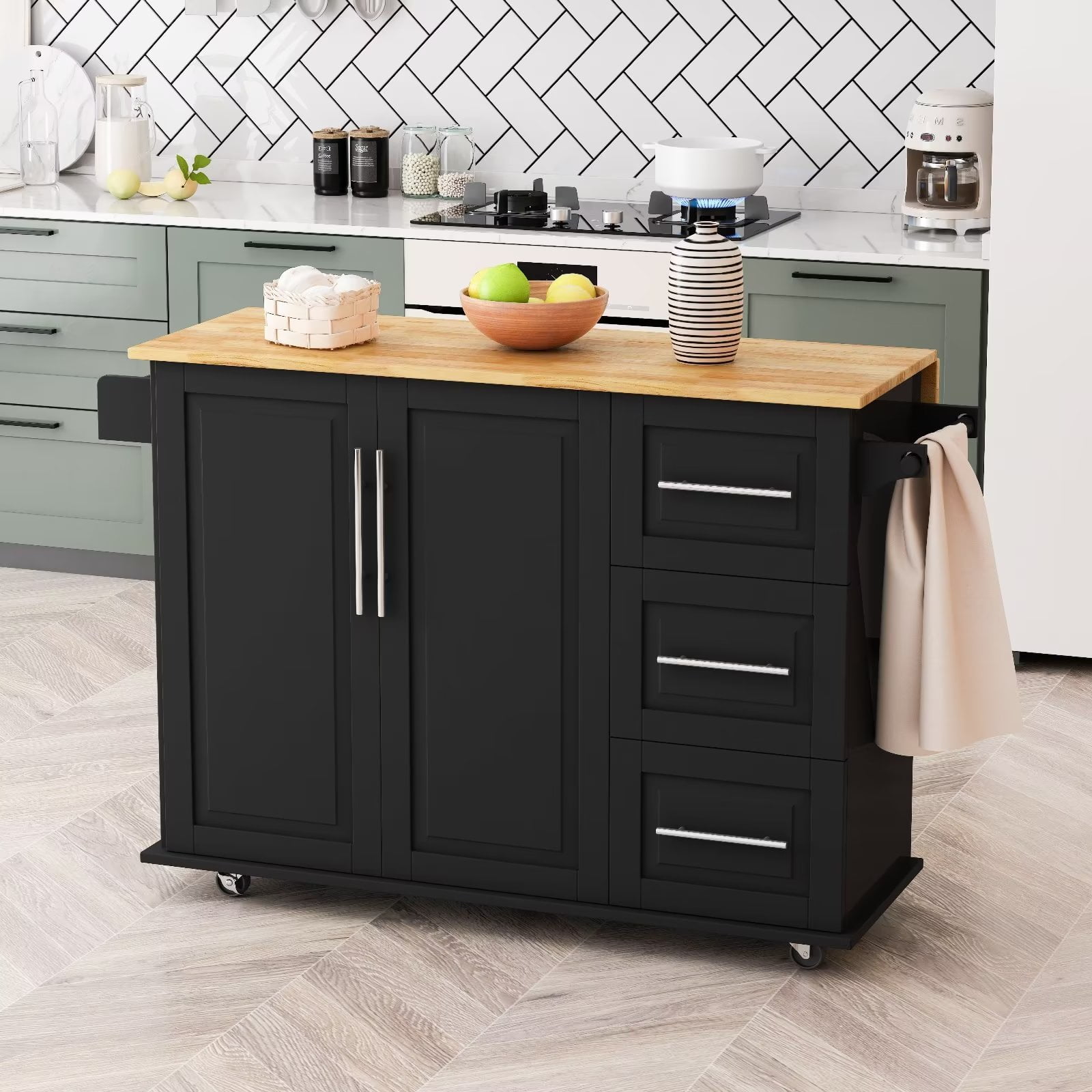 Kitchen Island, Solid Wood Storage Cart with 3 Drawers and Drop-leaf ...
