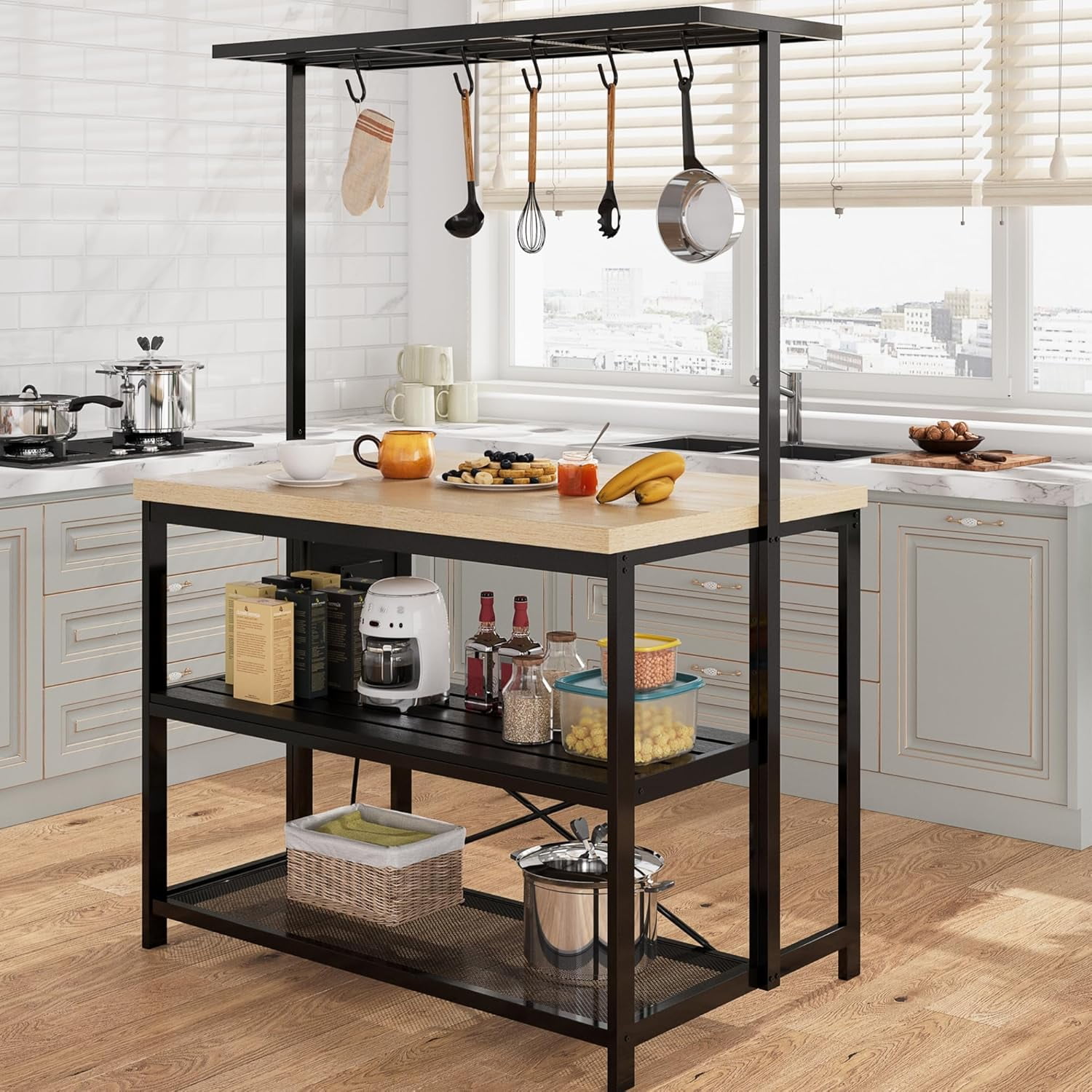 Kitchen Island with Storage, Bakers Rack, Power Outlet, 3-Tier ...